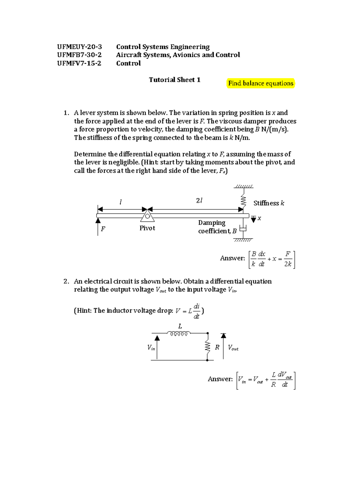 Tutorial 1 Assignment - UFMEUYૐ퀐20ૐ퀐3ठ⃚ Controlठ⃚Systemsठ⃚Engineeringठ⃚ UFMFB7ૐ퀐30ૐ퀐2ठ⃚ - Studocu