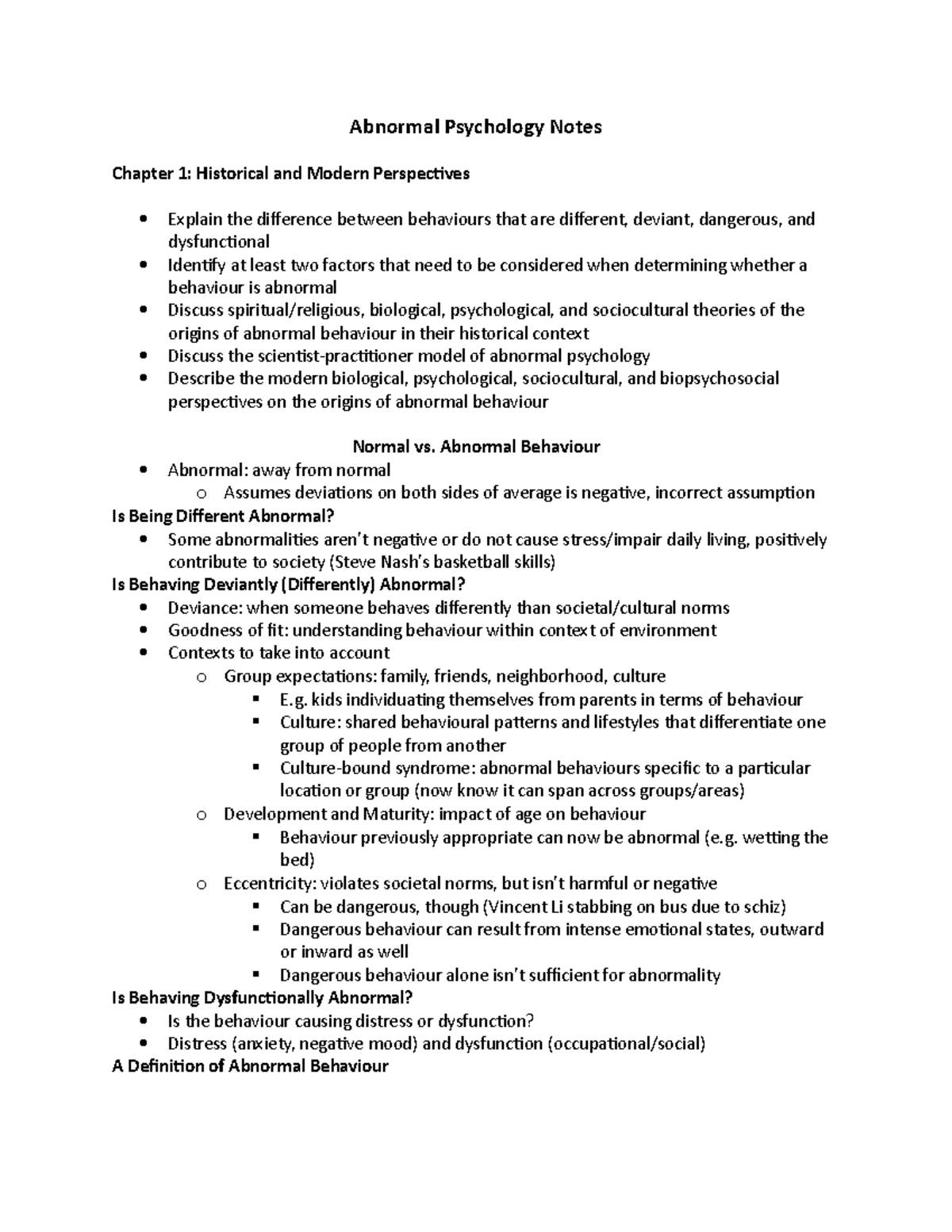 Abnormal Psychology Notes - Abnormal Behaviour Abnormal: away from ...