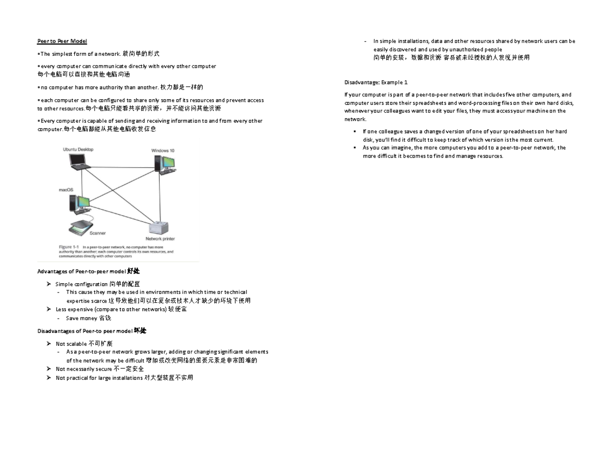 Midterm pdf - self made note - Peer to Peer Model The simplest form of a network. 最简单的形式 every ...