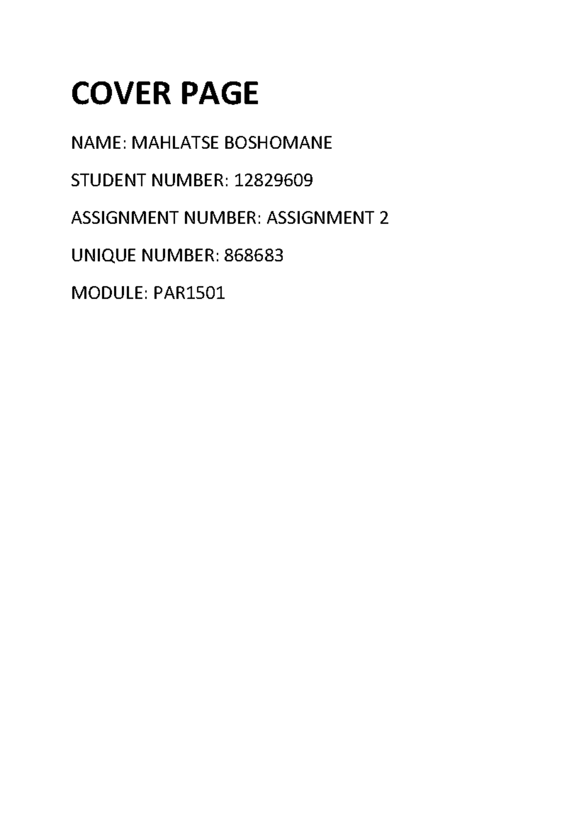 PAR1501 Assignment 2 answers - COVER PAGE NAME: MAHLATSE BOSHOMANE ...