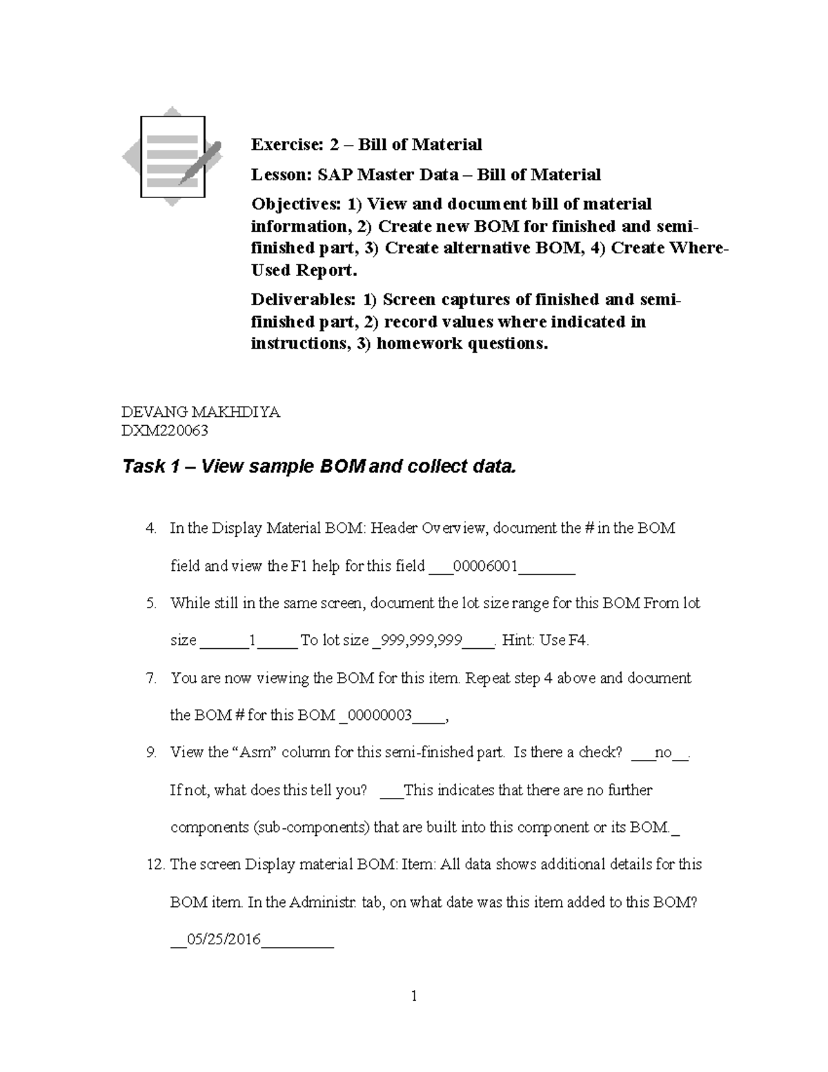 DXM22006 3 Exercise 2 Deliverable Doc - GBI Bill of Material-F2020 ...