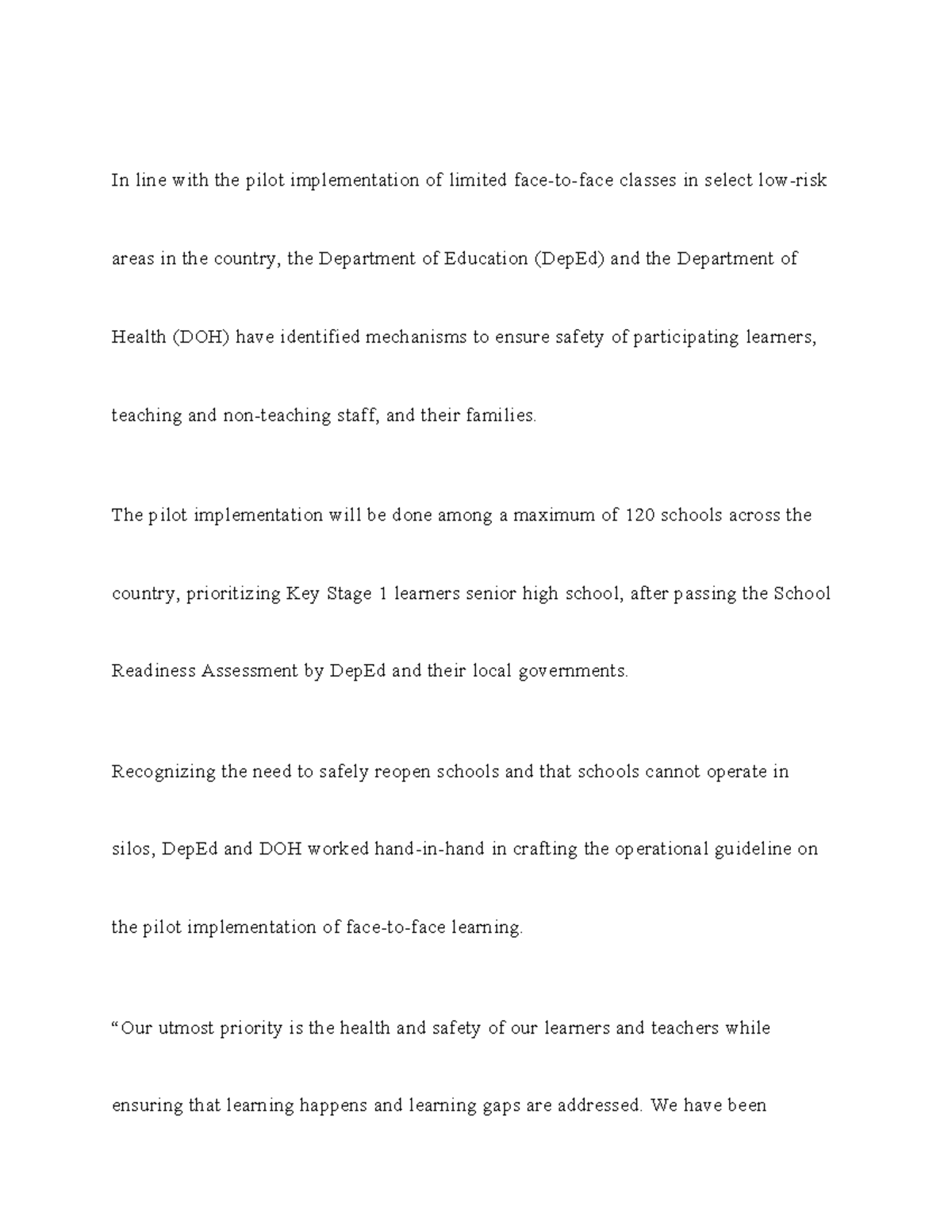 IMP - Face-to-face classes information - In line with the pilot ...