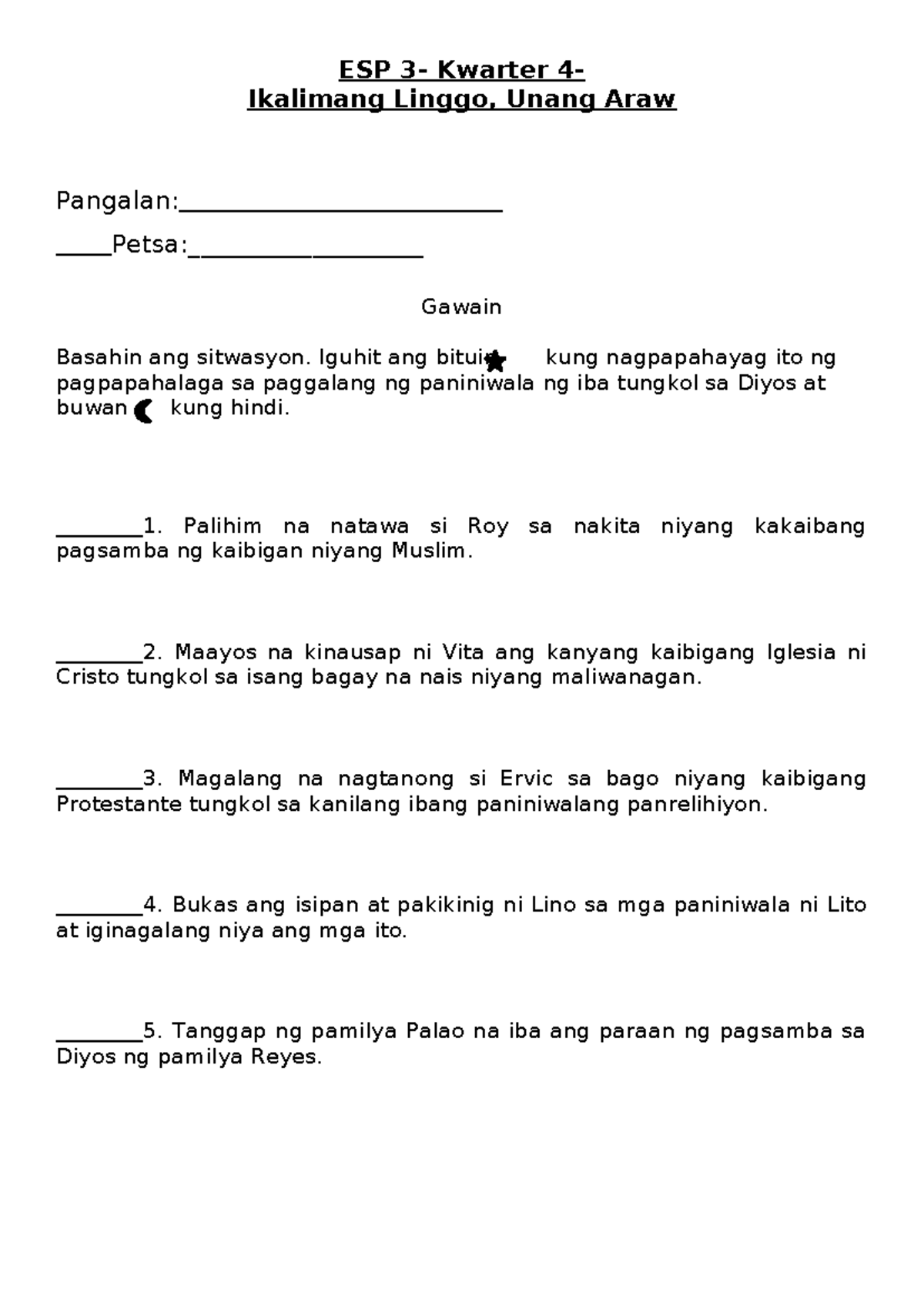 ESP3 Q4 WK5 WS - Ikalimang Linggo, Unang Araw Pangalan: Petsa ...