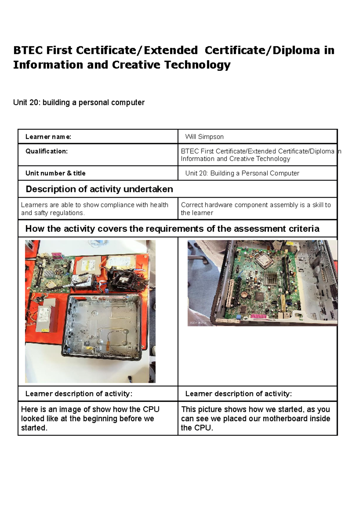 Unit 20: building a personal computer - BTEC First Certificate/Extended ...