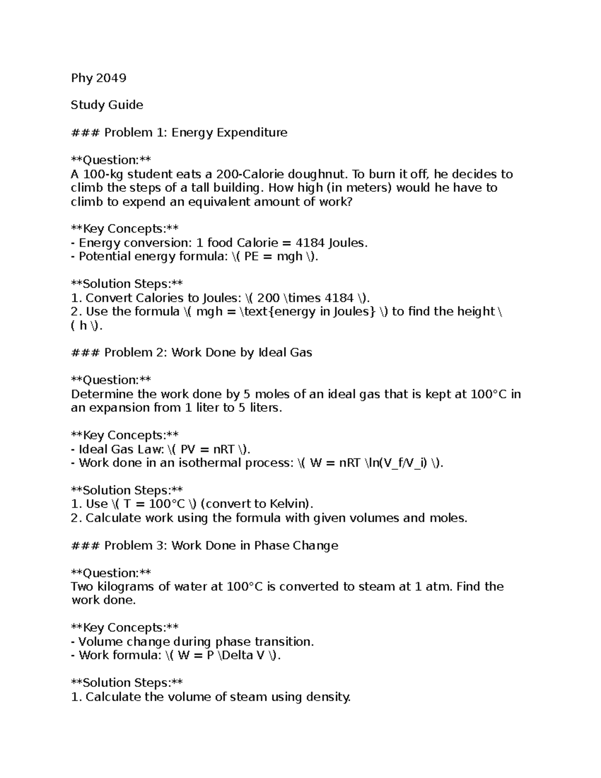 Phy 2049 study guide - Phy 2049 Study Guide Problem 1: Energy Expenditure Question: A 100-kg ...