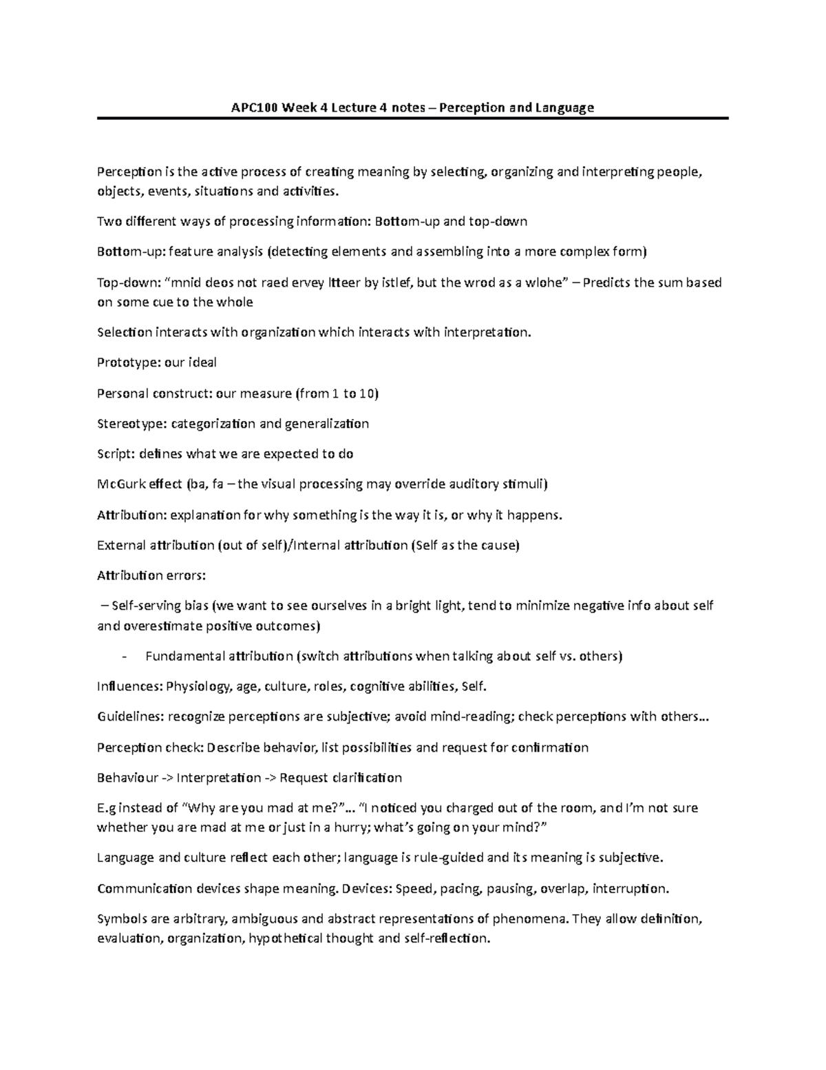 APC100 Lecture 4 notes - APC100 Week 4 Lecture 4 notes – Perception and ...