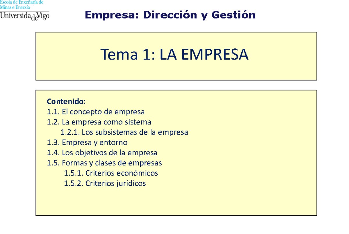 Tema-1-La Empresa - Tema1 - Contenido: El concepto de empresa La empresa como sistema 1.2. Los ...