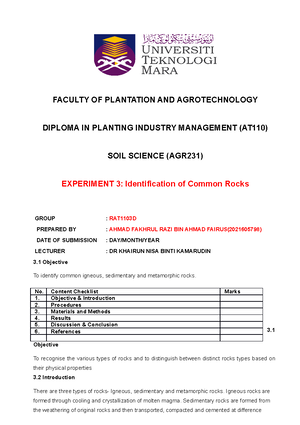 Lab report agr231 soil - LAB REPORT AGR 231 SOIL SCIENCE LECTURER’S ...