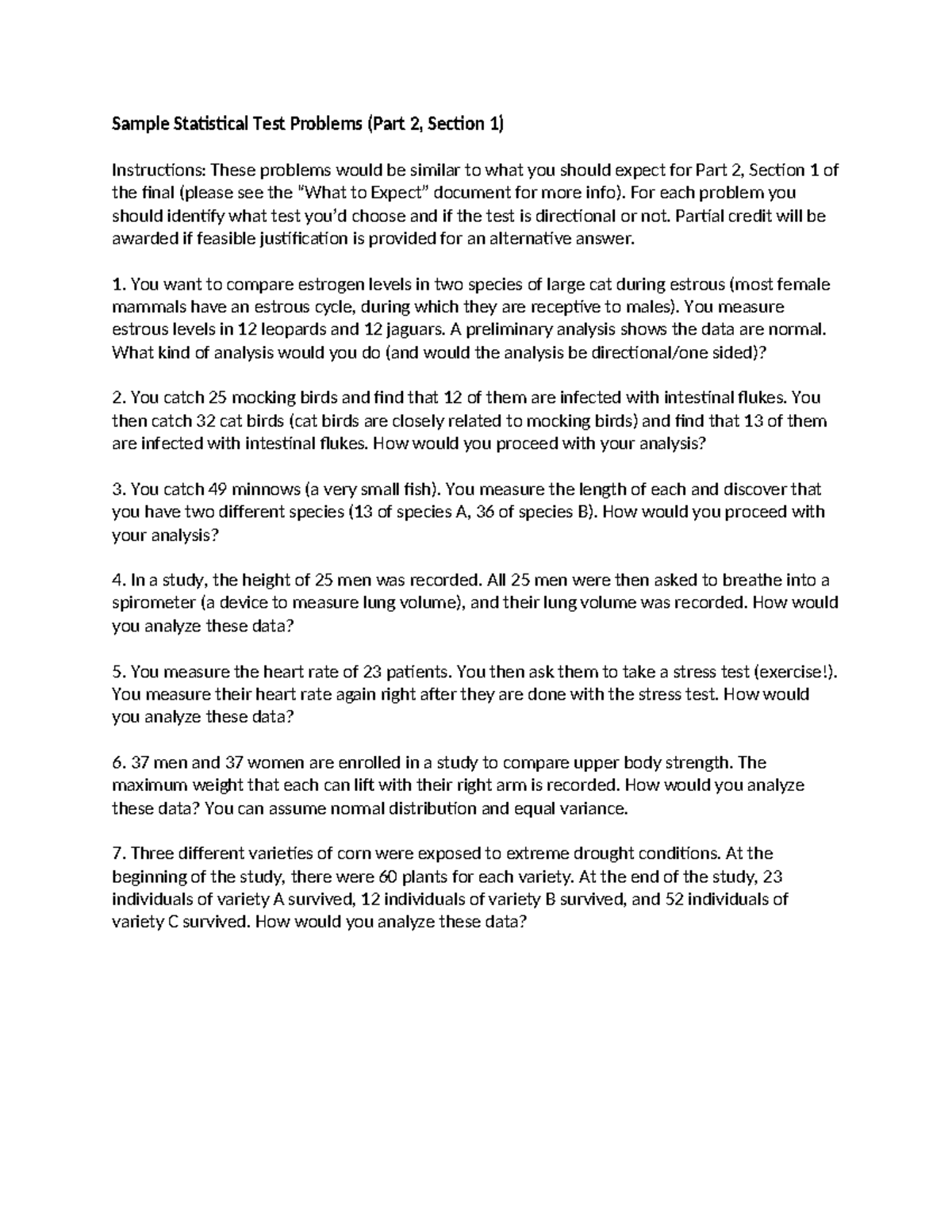 Sample Statistical Test Problems - For each problem you should identify ...