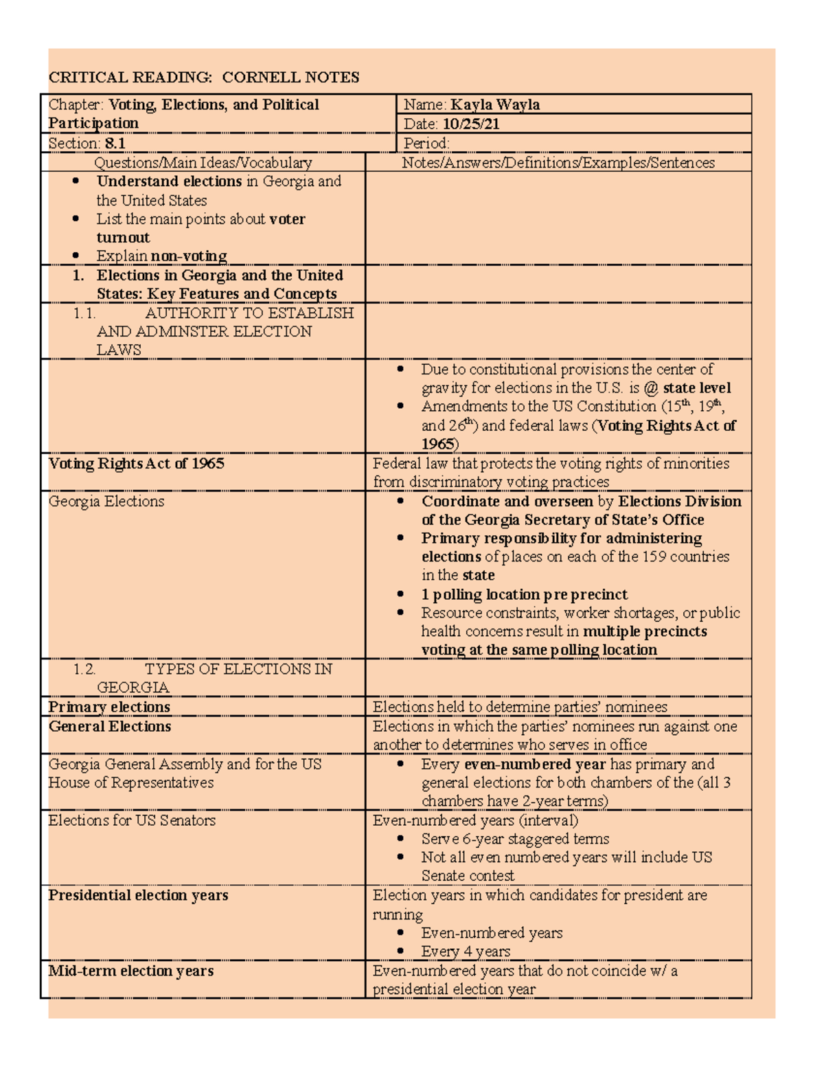 Chapter 8 - CRITICAL READING: CORNELL NOTES Chapter: Voting, Elections ...