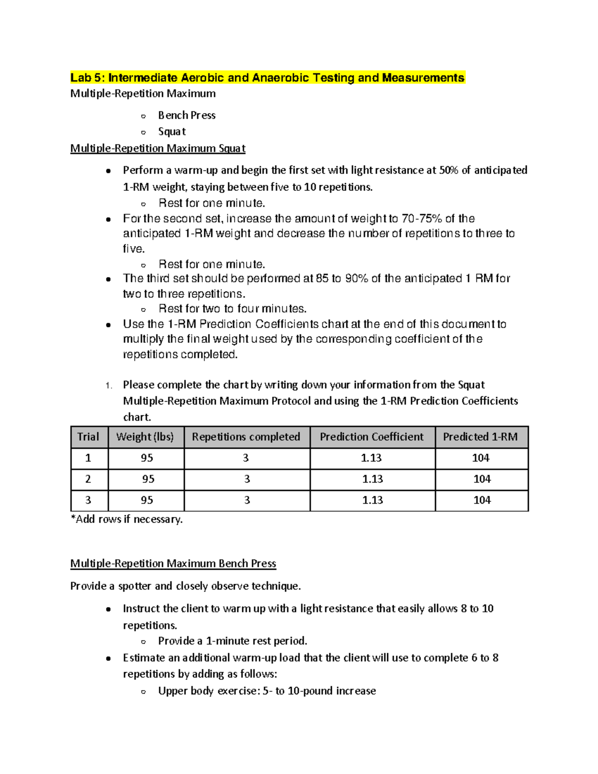 Lab 5 Intermediate Aerobic and Anaerobic Testing and Measurements data ...