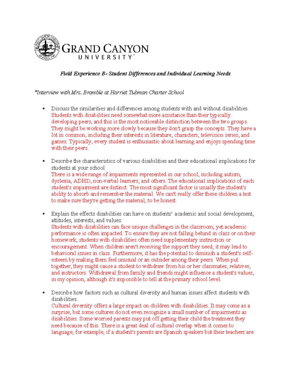 SPD 200- Field Experience B- Student Differences and Individual ...