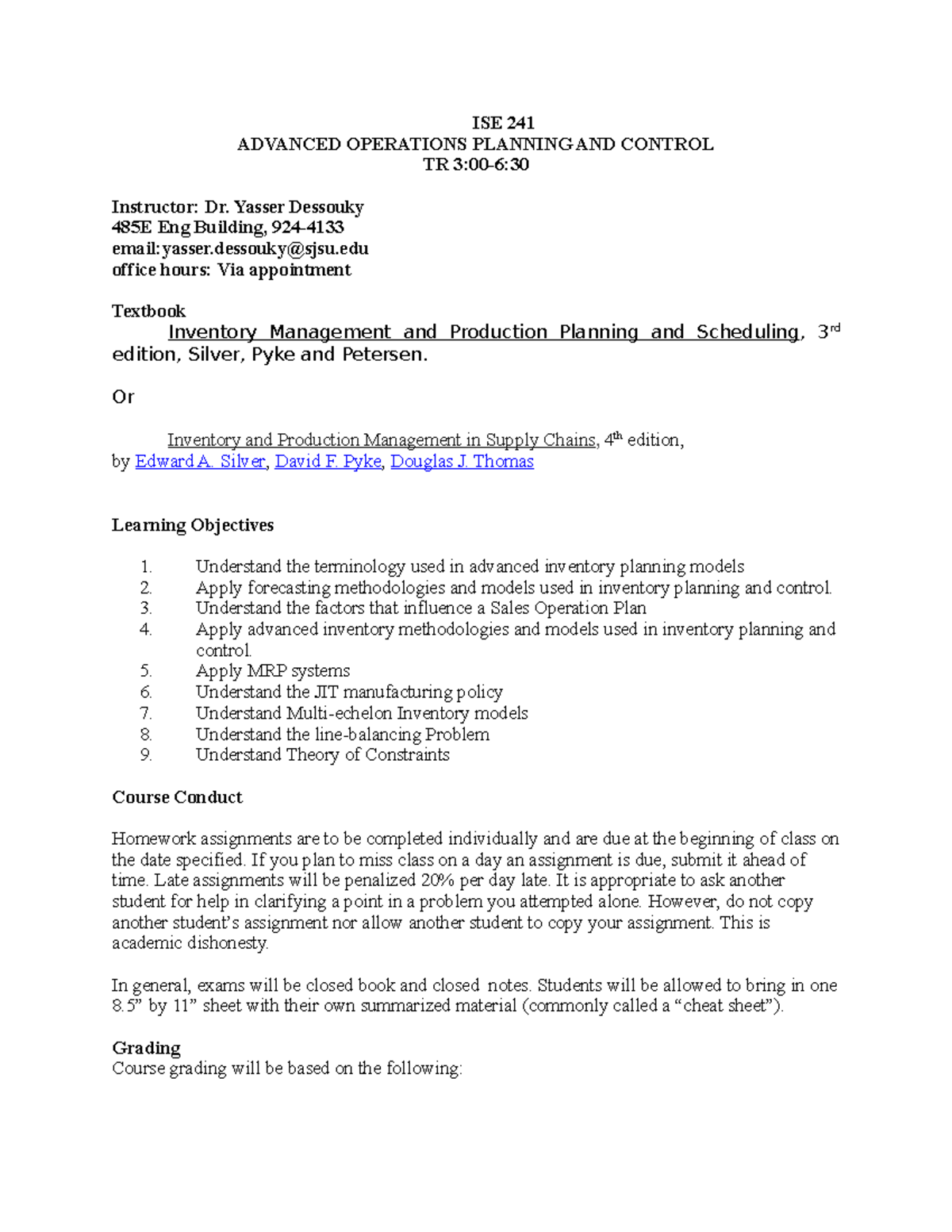 241-Syllabus - Look for syllabus of ISE 241 - ISE 241 - SJSU - Studocu