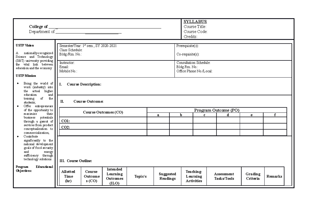 Syllabus Template note - College of _ Department of ...