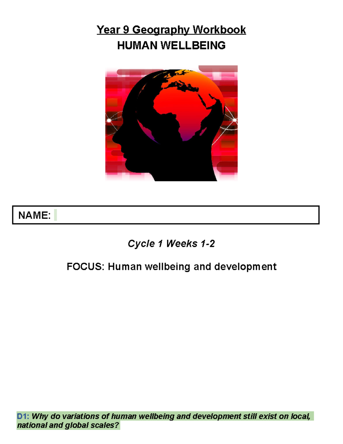 Booklet 1.0 Cycle 1 Year 9 Human Wellbeing - Year 9 Geography Workbook ...