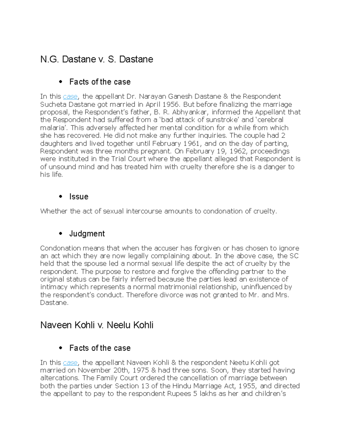 Divorce cases - Do go through it. - N. Dastane v. S. Dastane Facts of ...