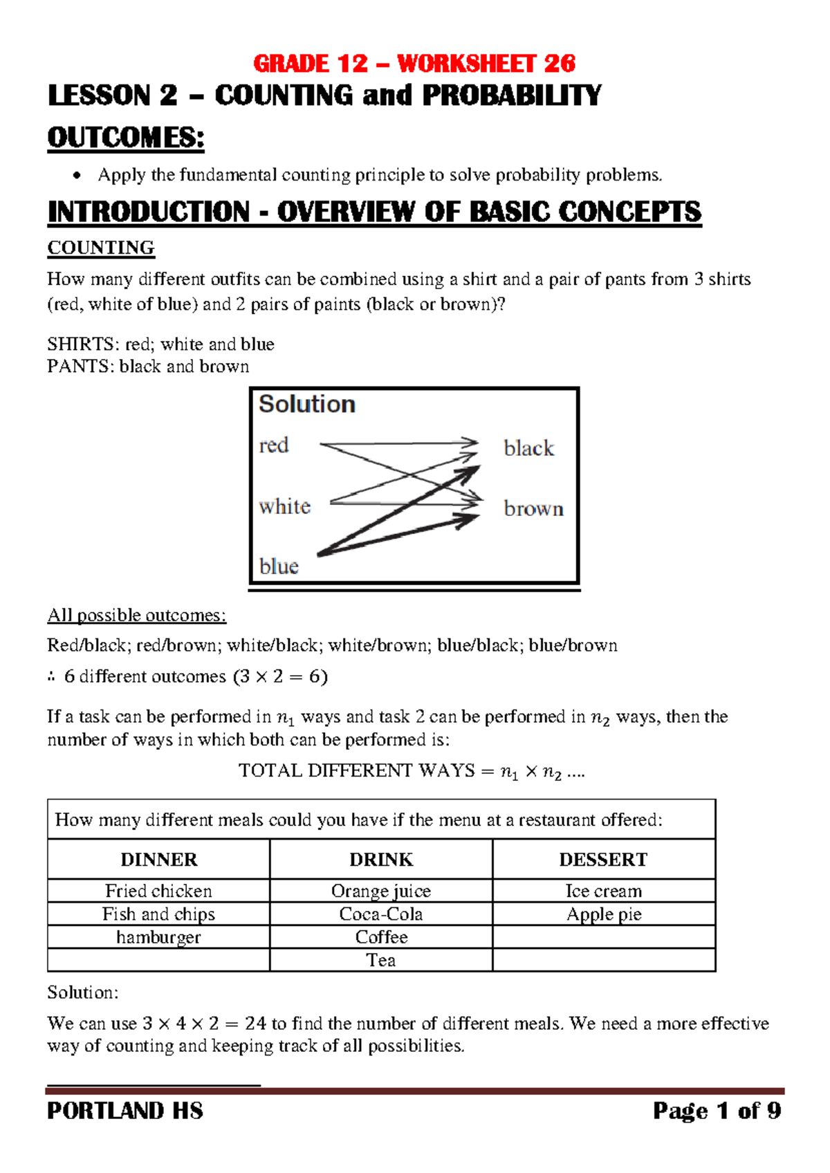 WS 26 Probability Lesson 2 - LESSON 2 – COUNTING and PROBABILITY ...