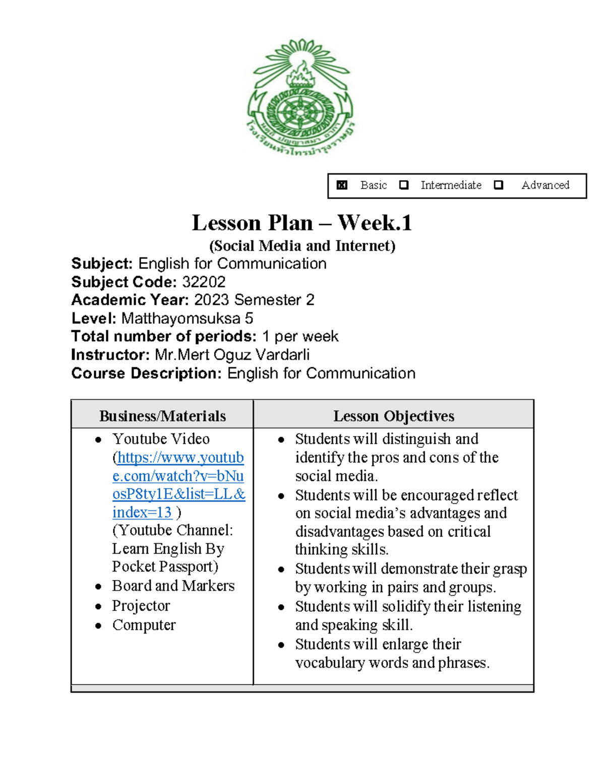 LP:W1 - Social Media - Example of a Weekly Lesson Plan - Lesson Plan ...