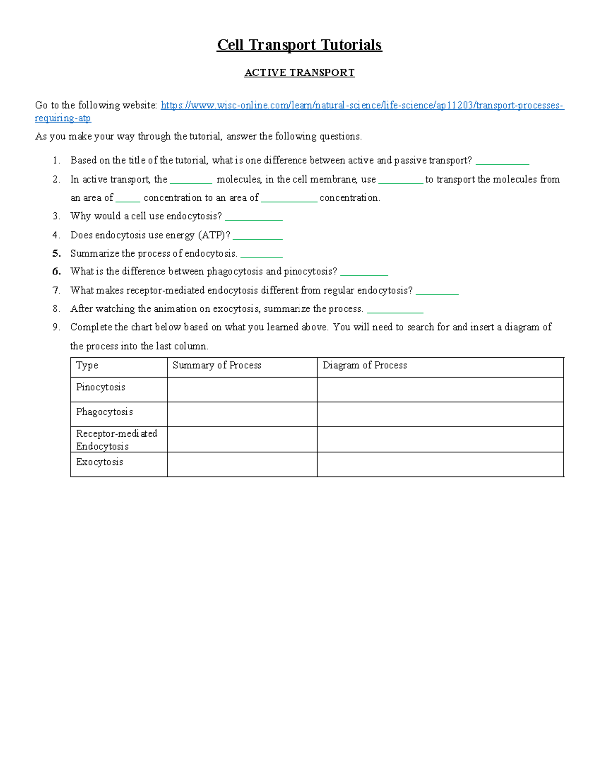 Active Transport Tutorial - Cell Transport Tutorials ACTIVE TRANSPORT Go to the following ...
