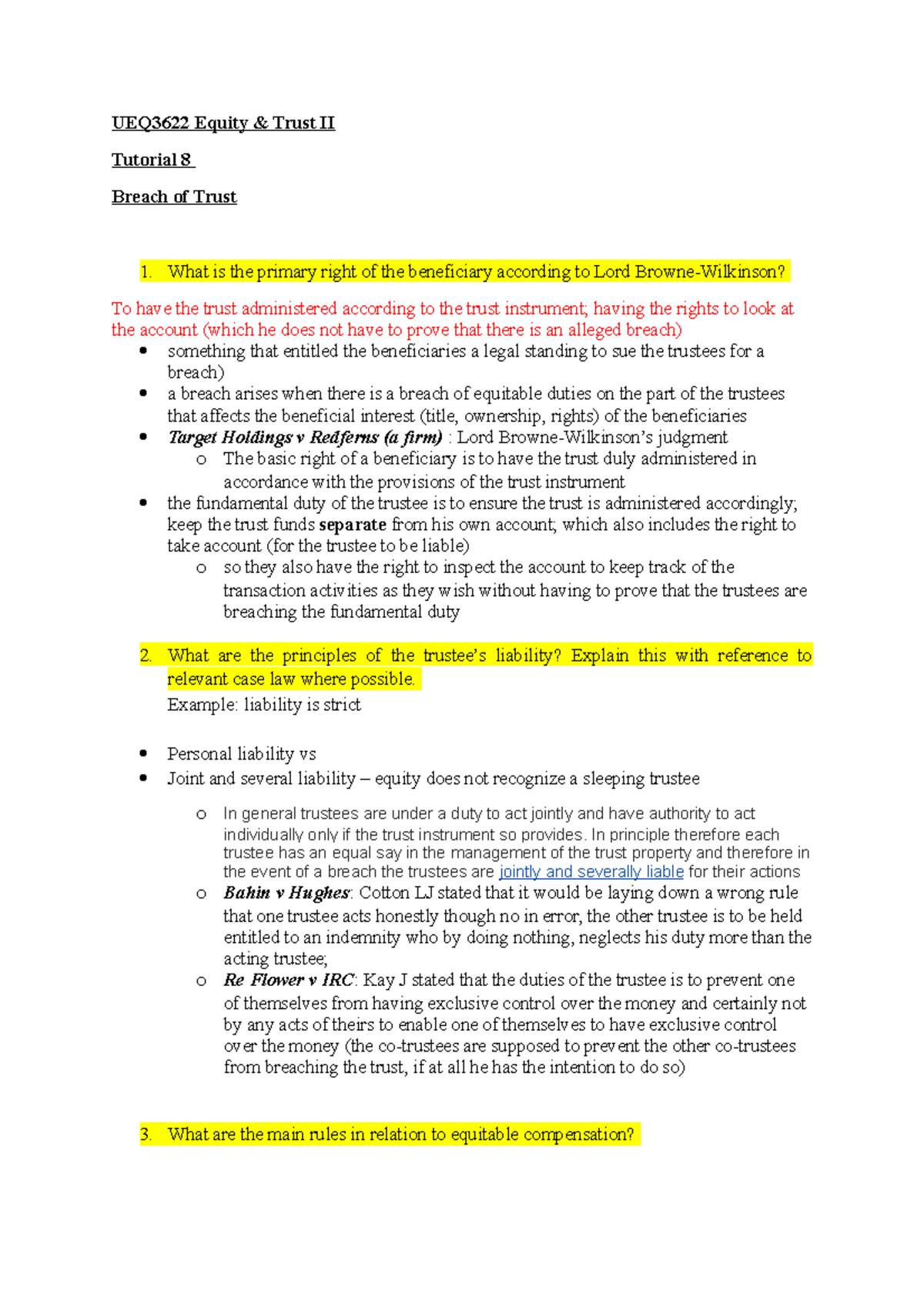 Tuto 8 breach of trust - UEQ3622 Equity & Trust II Tutorial 8 Breach of ...