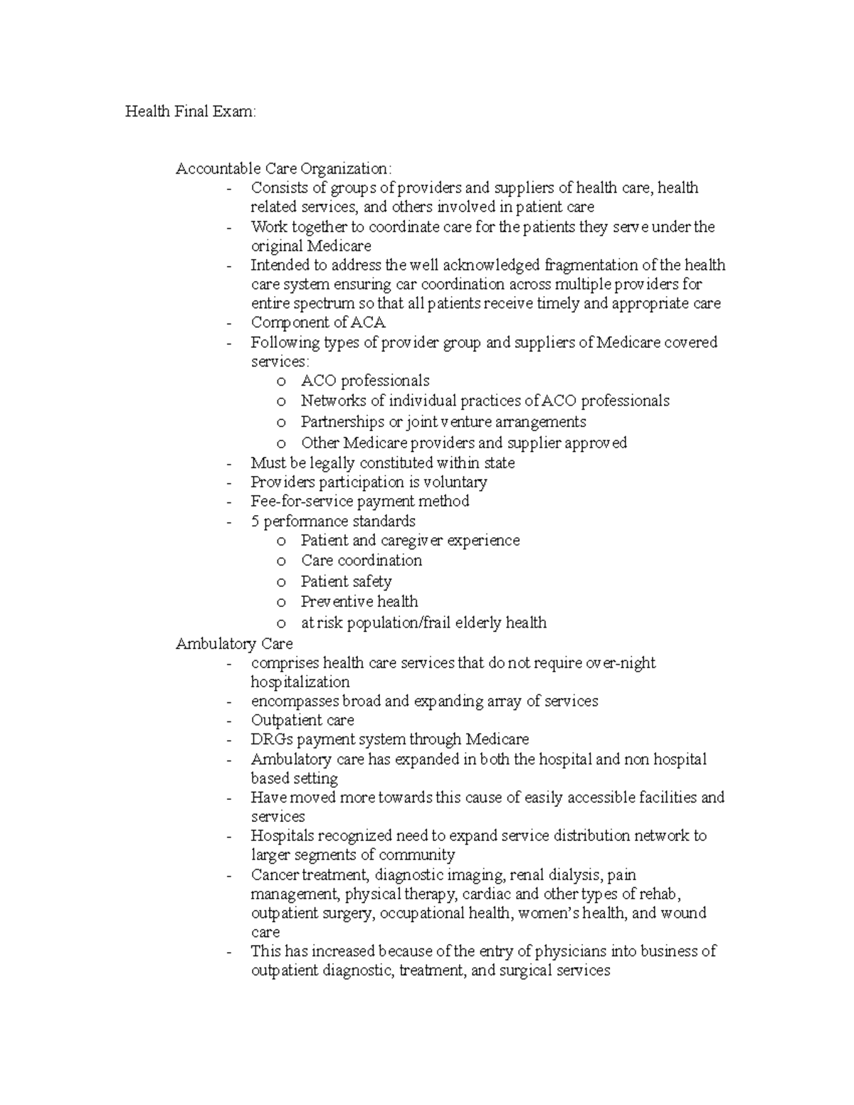 Health Final Exam - Health Final Exam: Accountable Care Organization ...