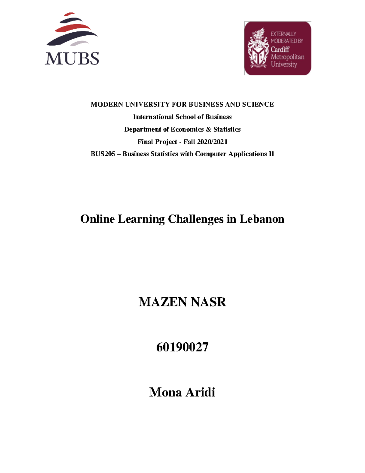 Final Project -STAT 2 Mazen ALI NASR 60190027 - MODERN UNIVERSITY FOR ...