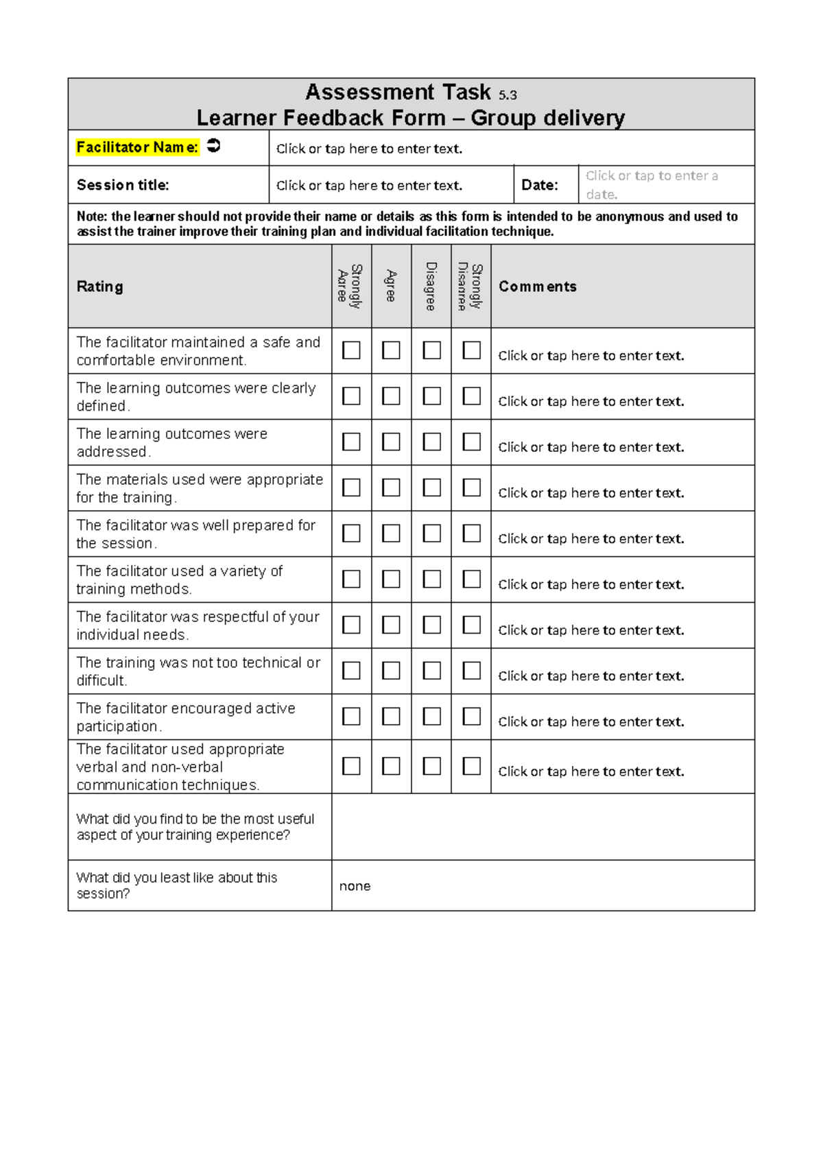 Feedback Form Building Rapport - Assessment Task 5. Learner Feedback ...