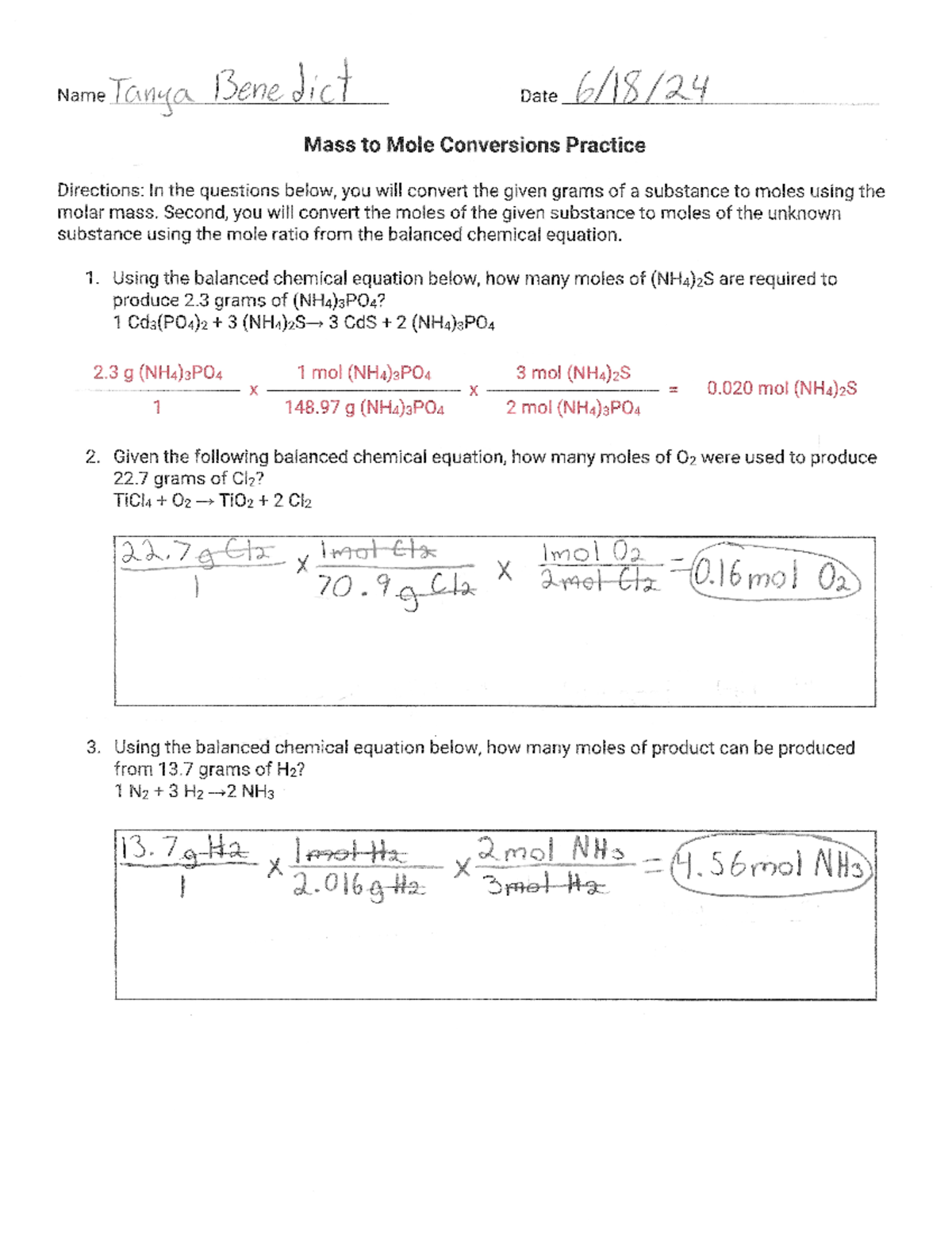 Mass-to-Mole Conversion - Name Tanya Benedict Date Mass to Mole ...