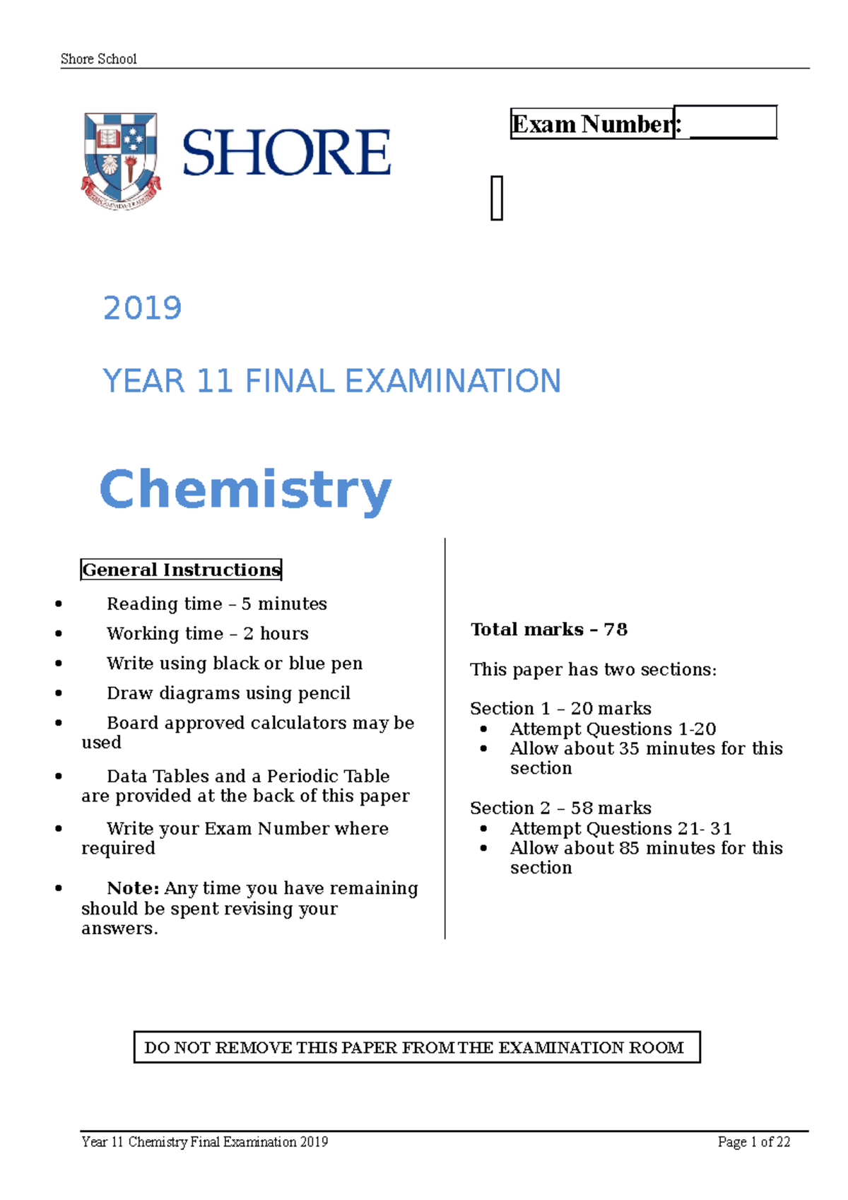 2019 Shore Chemistry Final Exam final - 2019 YEAR 11 FINAL EXAMINATION ...