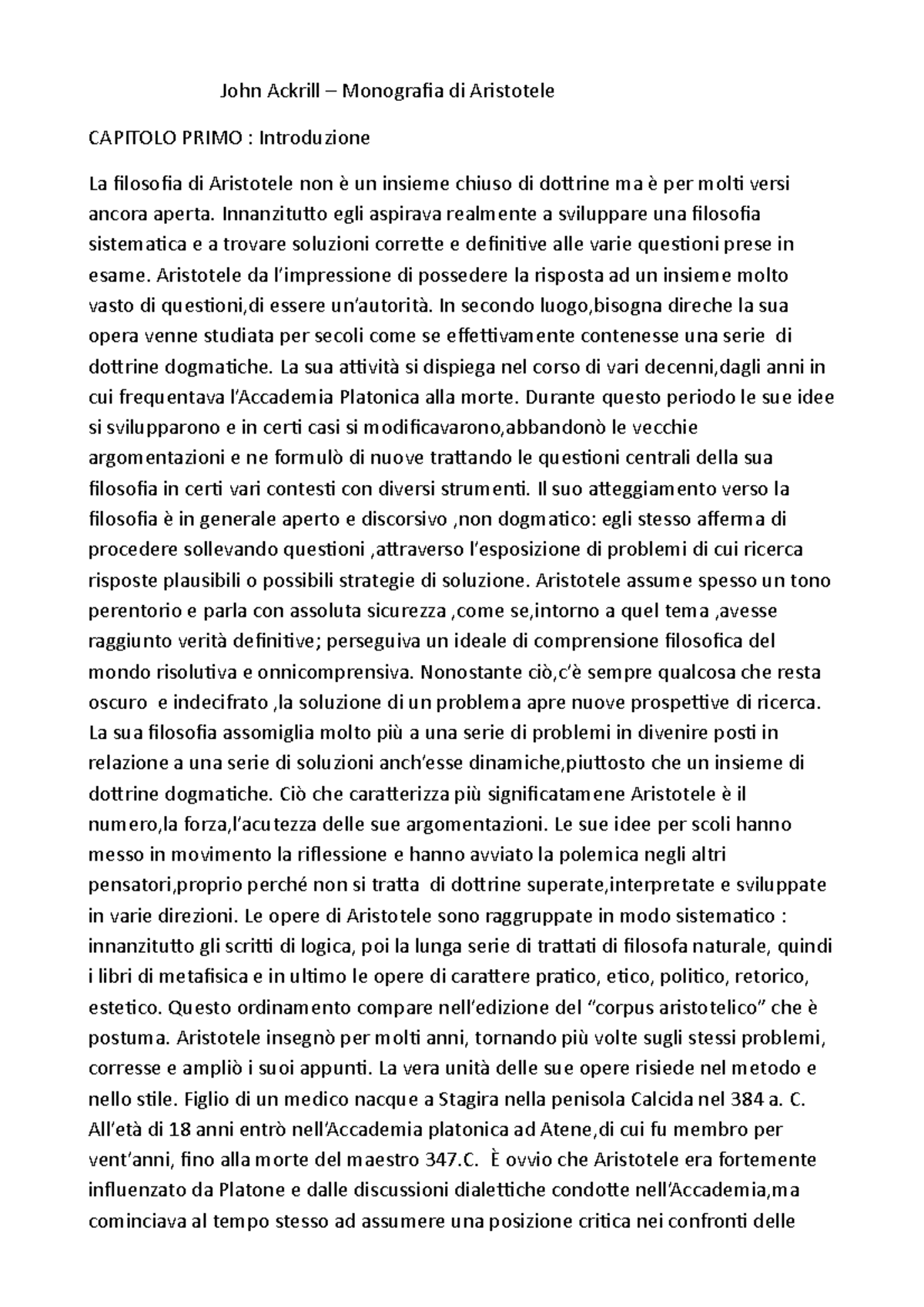 Riassunto A New Aristotle Reader - John Ackrill – Monografia di ...