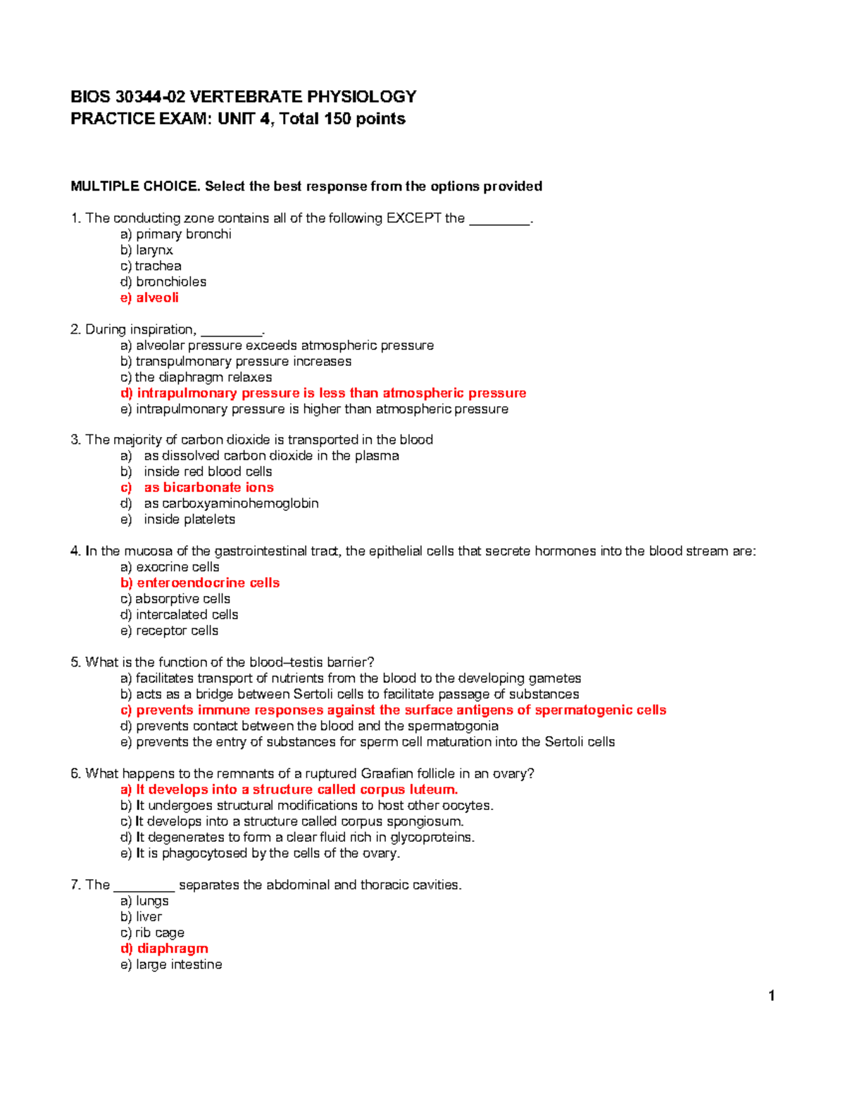 Fall 2021 Exam 4 Key - BIOS 30344-02 VERTEBRATE PHYSIOLOGY PRACTICE ...