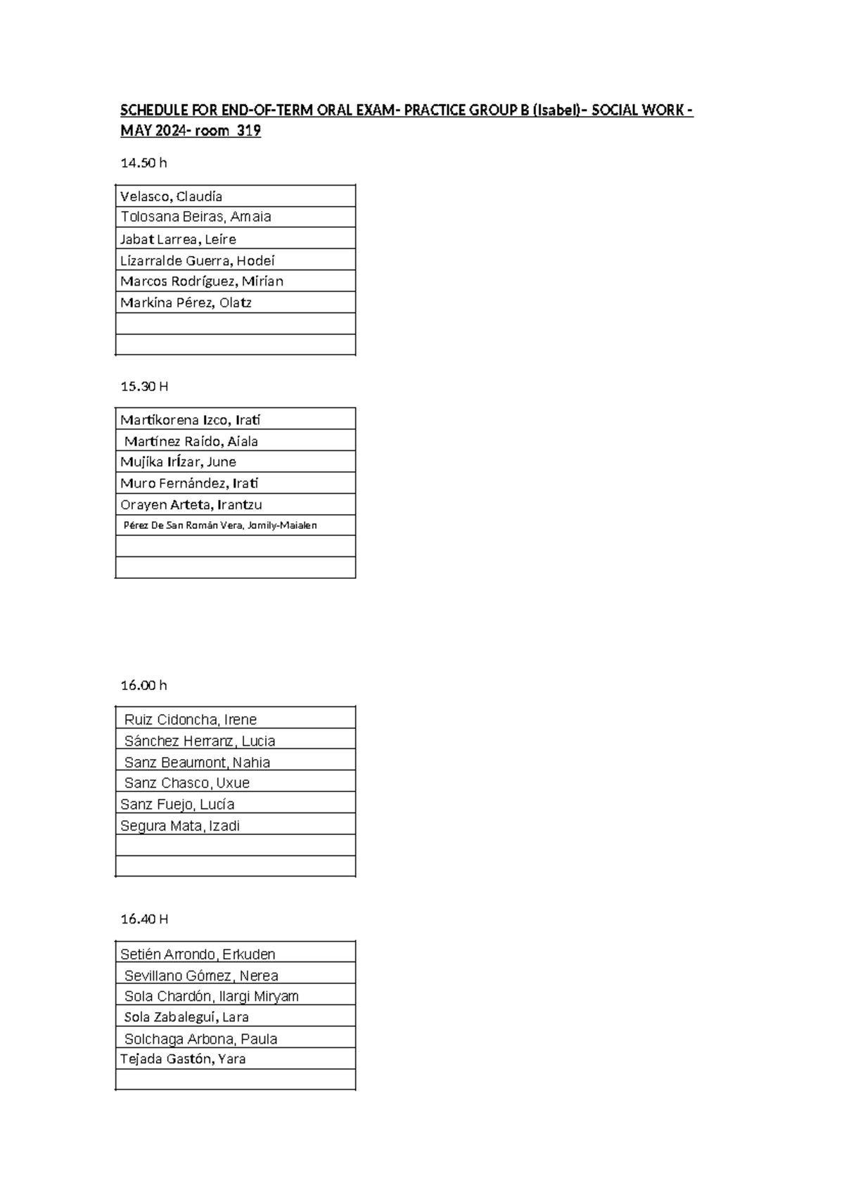 Schedule FOR END-OF-TERM ORAL EXAM Social WORK MAY 2024 - SCHEDULE FOR ...
