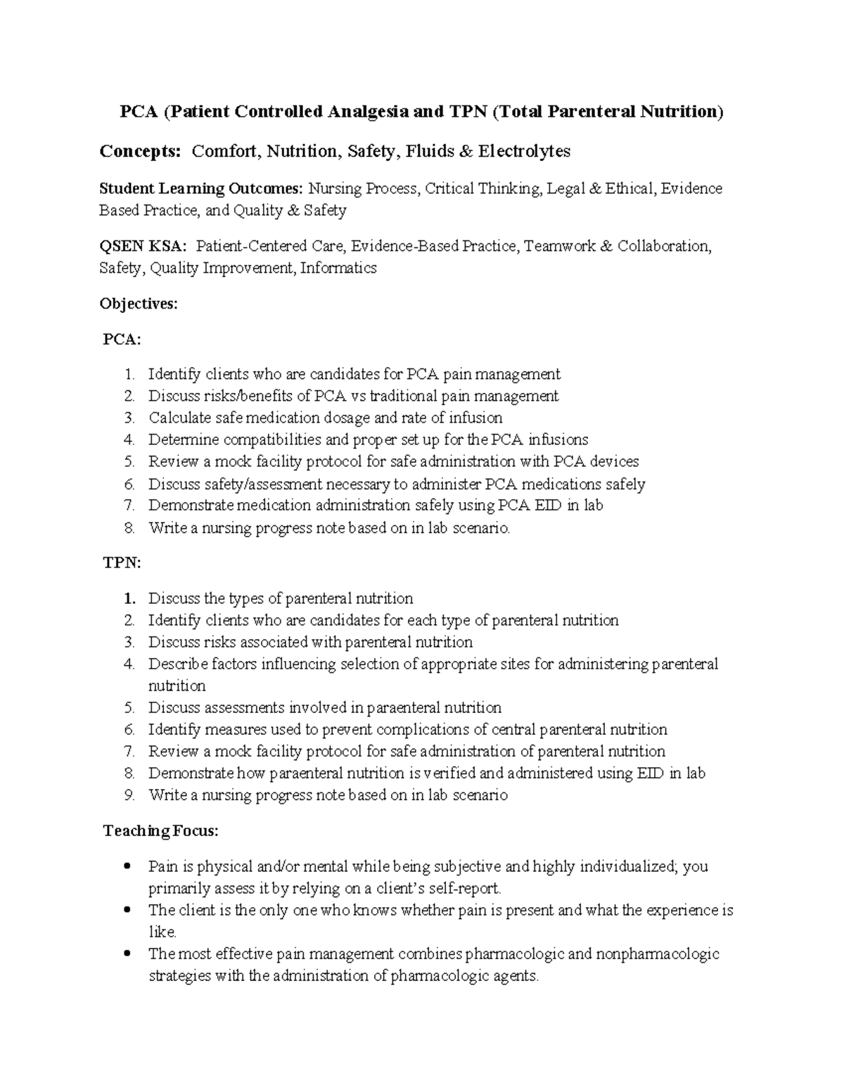 NUR 232 PCA TPN Student Lesson Plan - PCA (Patient Controlled Analgesia ...