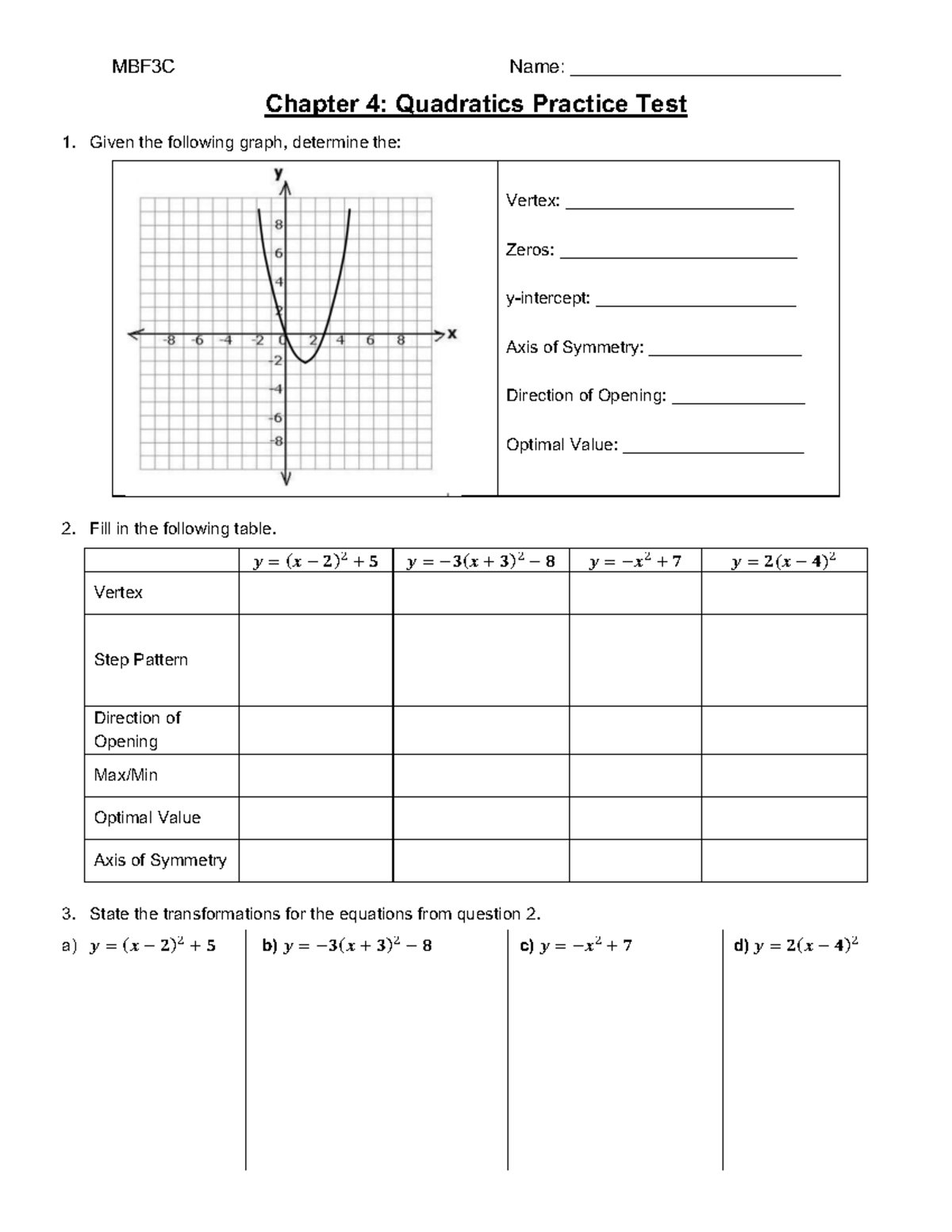 Chapter 4 Quadratics Practice Test - MBF3C Name ...