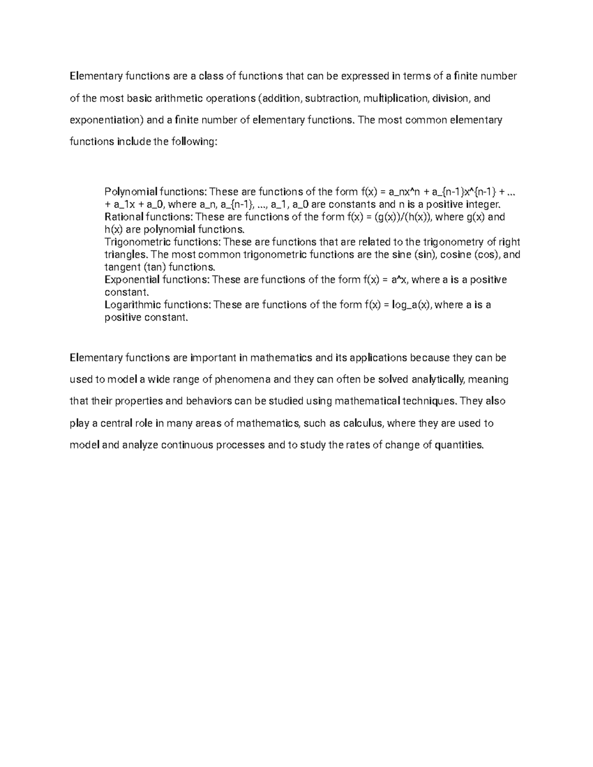 2040 Notes On Elementary Functions Elementary Functions Are A Class