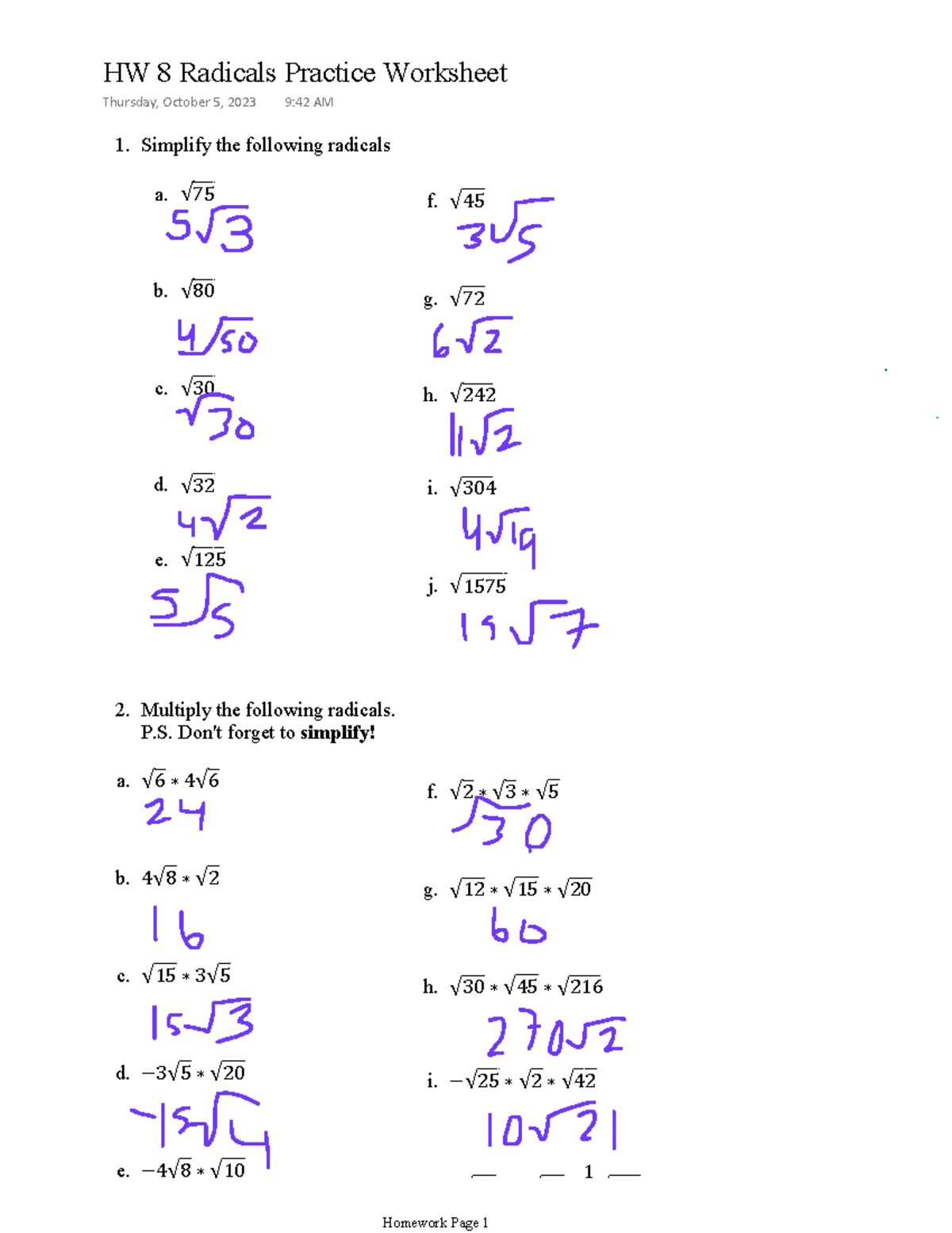 Hw radicals - dwevfgdefbsVXzvsfbsz - Simplify the following radicals √ ...