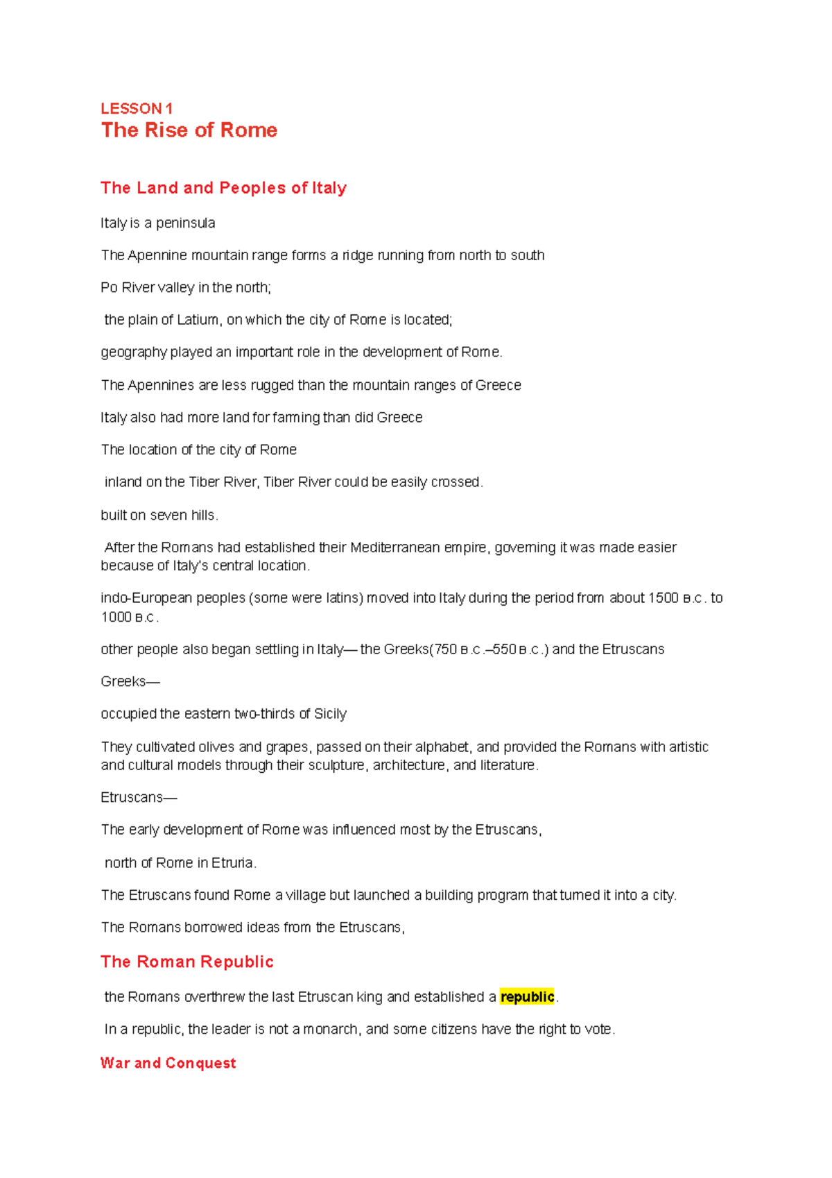 Rise of rome notes - LESSON 1 The Rise of Rome The Land and Peoples of ...