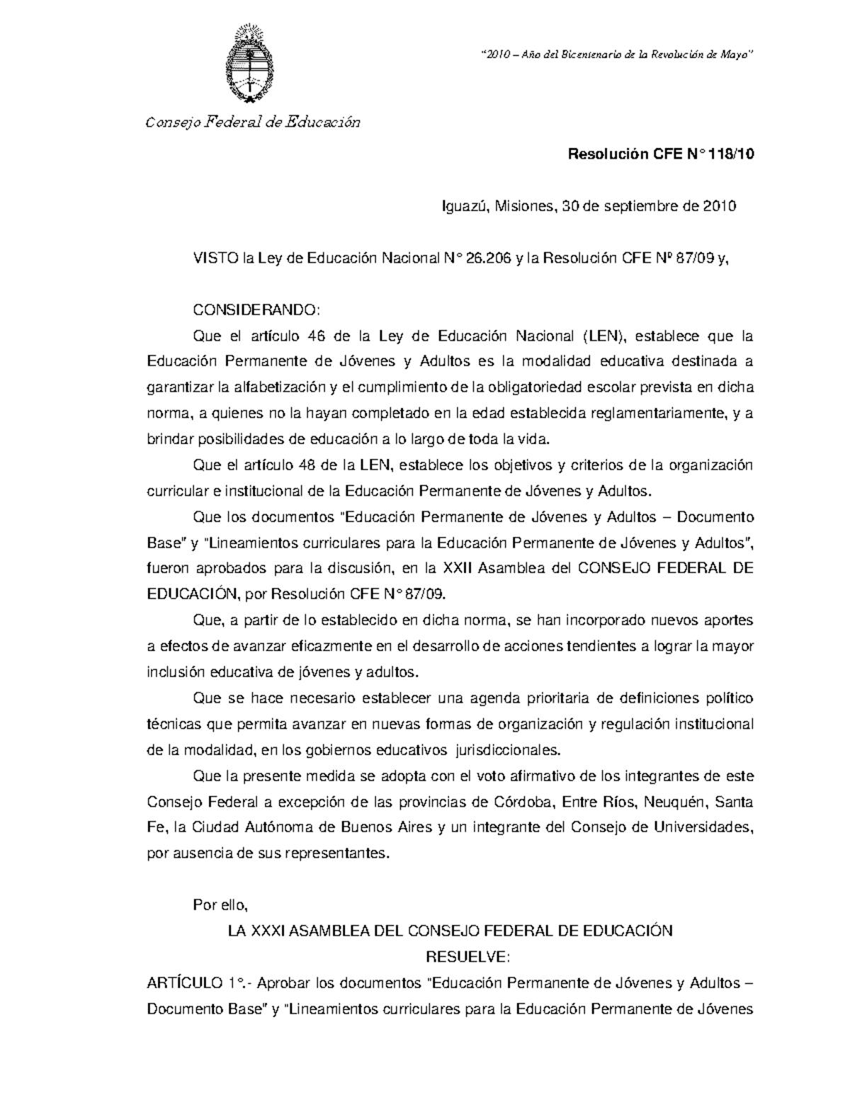 Res CFE 118-10 EPJA - Res CFE 118-10 Educación Permanente para Jóvenes y Adultos - C onsejo ...