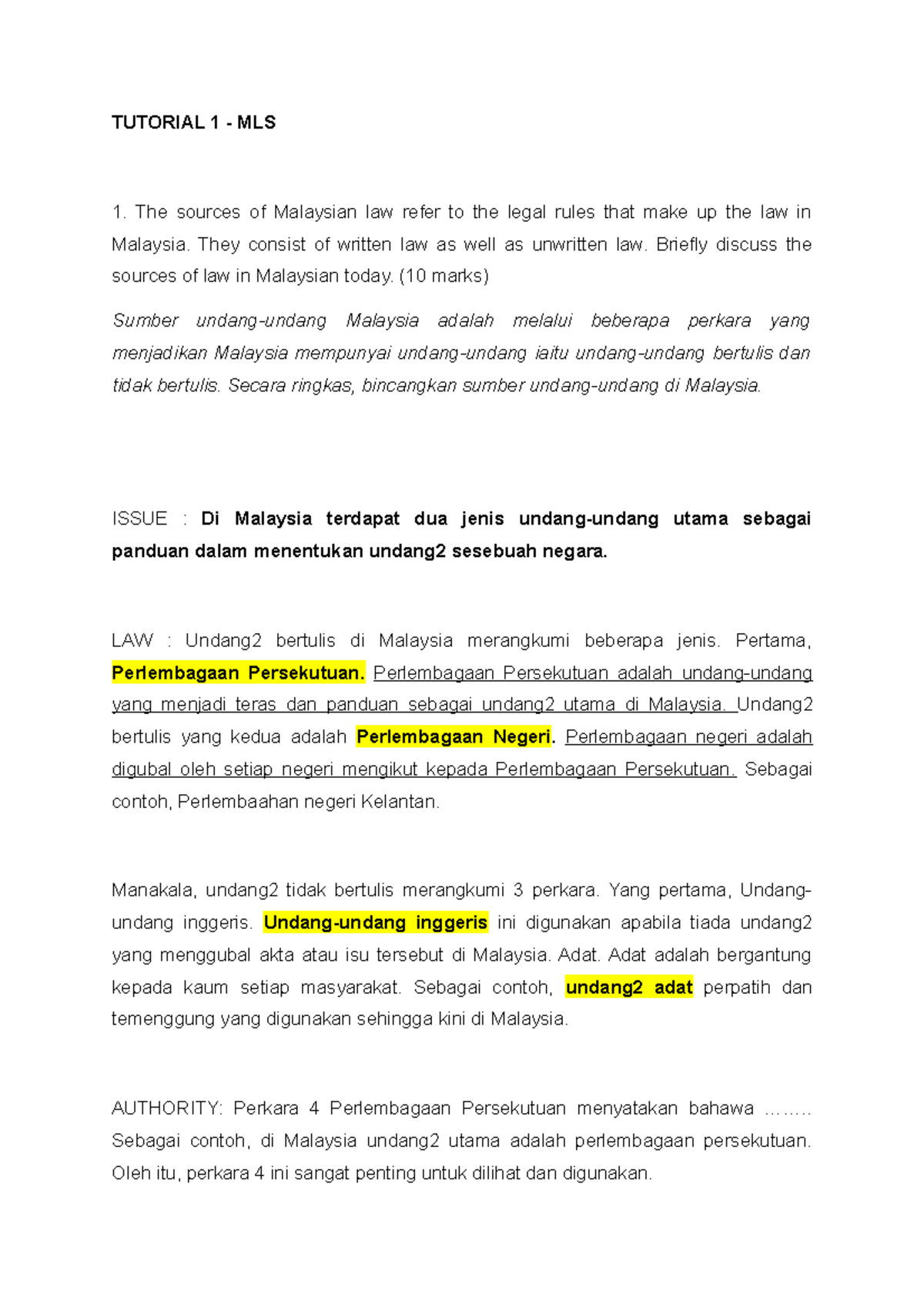Tutorial 1 - MLS - TUTORIAL 1 - MLS The sources of Malaysian law refer ...