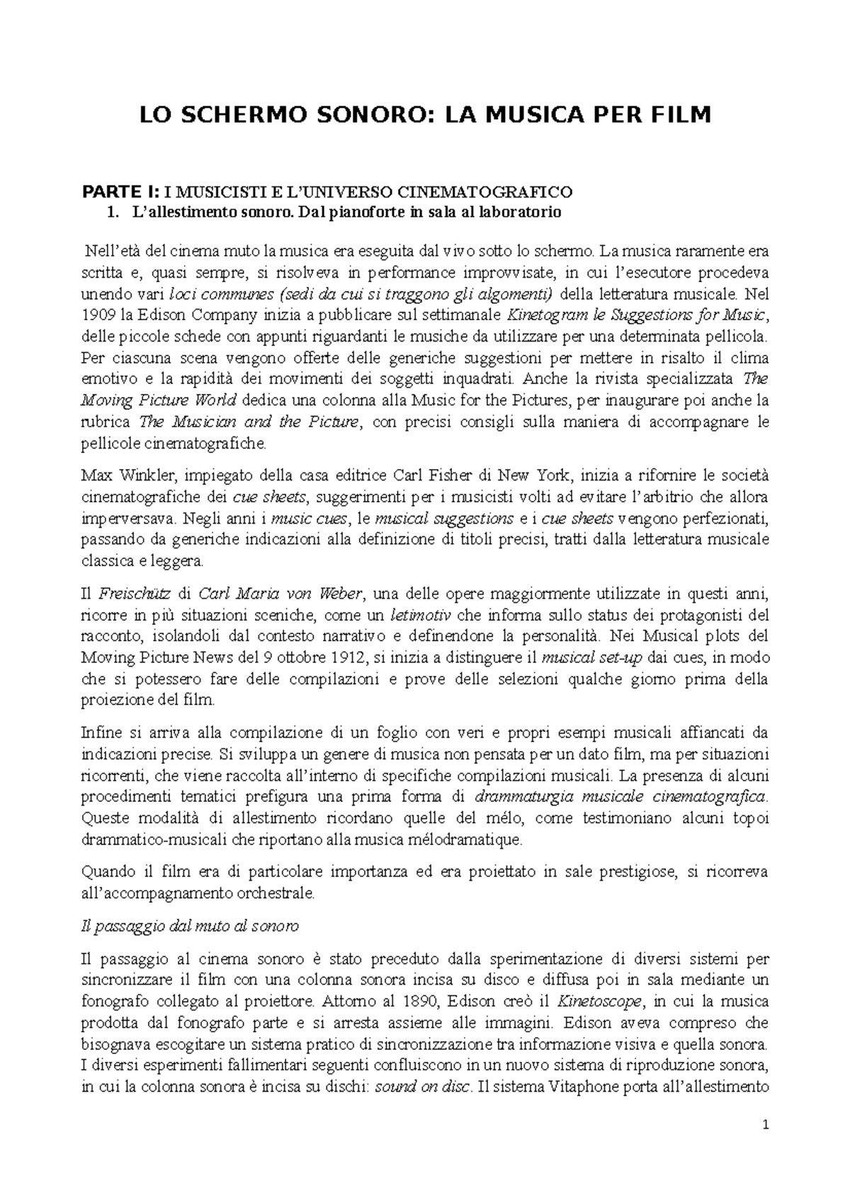 Appunti Lo Schermo Sonoro - LO SCHERMO SONORO: LA MUSICA PER FILM PARTE ...