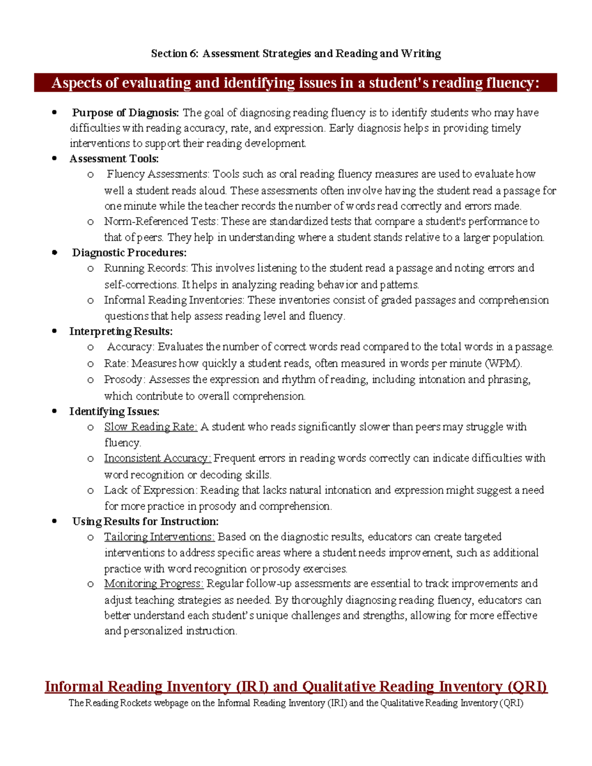 Section 6 Assessment Strategies and Reading and Writing - Early ...