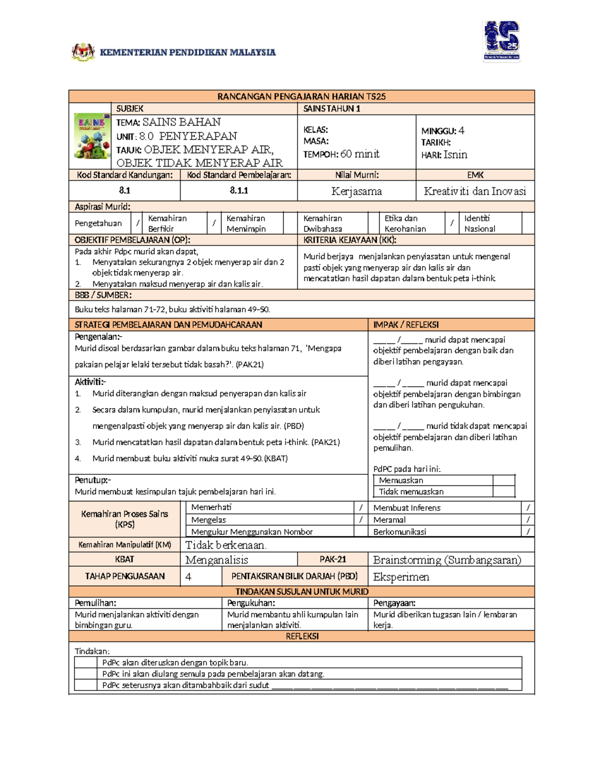 SNS T1 TS25 (Unit 8) - SNS T1 TS25 (Unit 8) - RANCANGAN PENGAJARAN HARIAN TS SUBJEK SAINS TAHUN ...