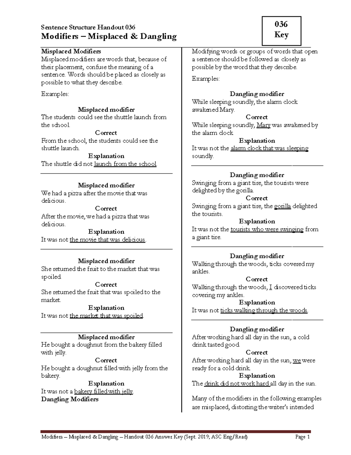 036 modifiers - dangling misplaced - answer key - Sentence Structure ...