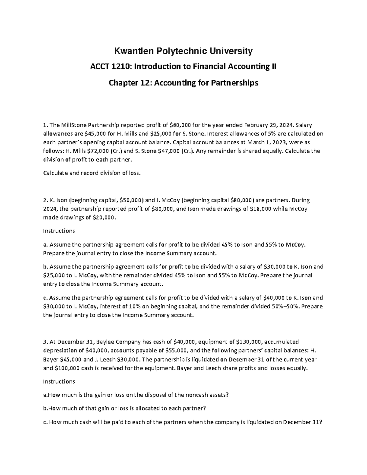 ACCT 1210 chap 12 - chapter 12 Accounting for Partnerships practice ...