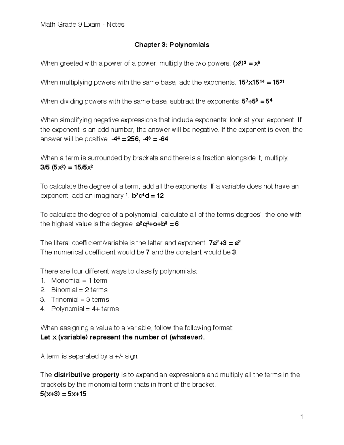 Math Exam Review - Chapter 3: Polynomials When greeted with a power of ...