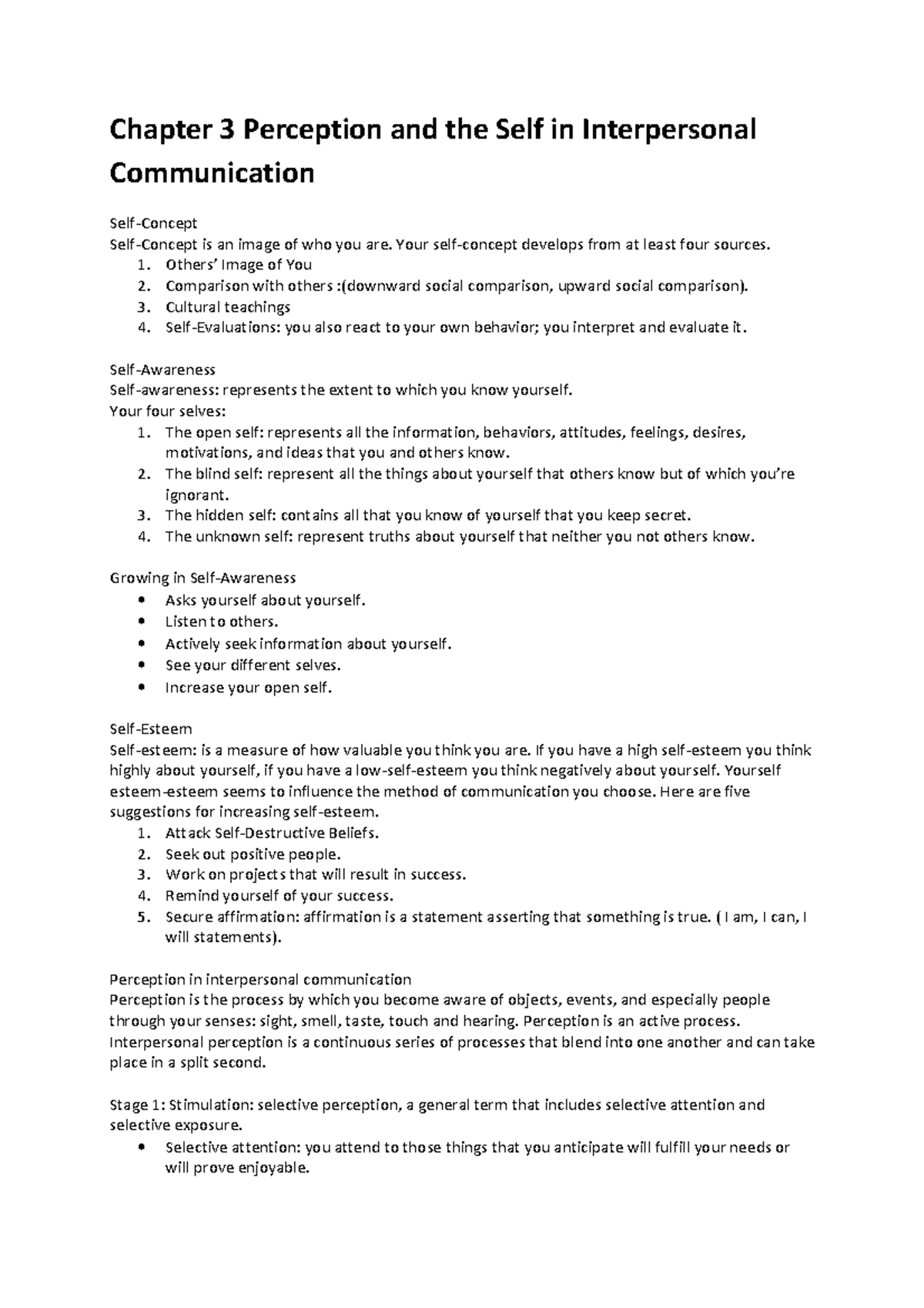 Summary Interpersonal Messages - Chapter 3 Perception and the Self in ...