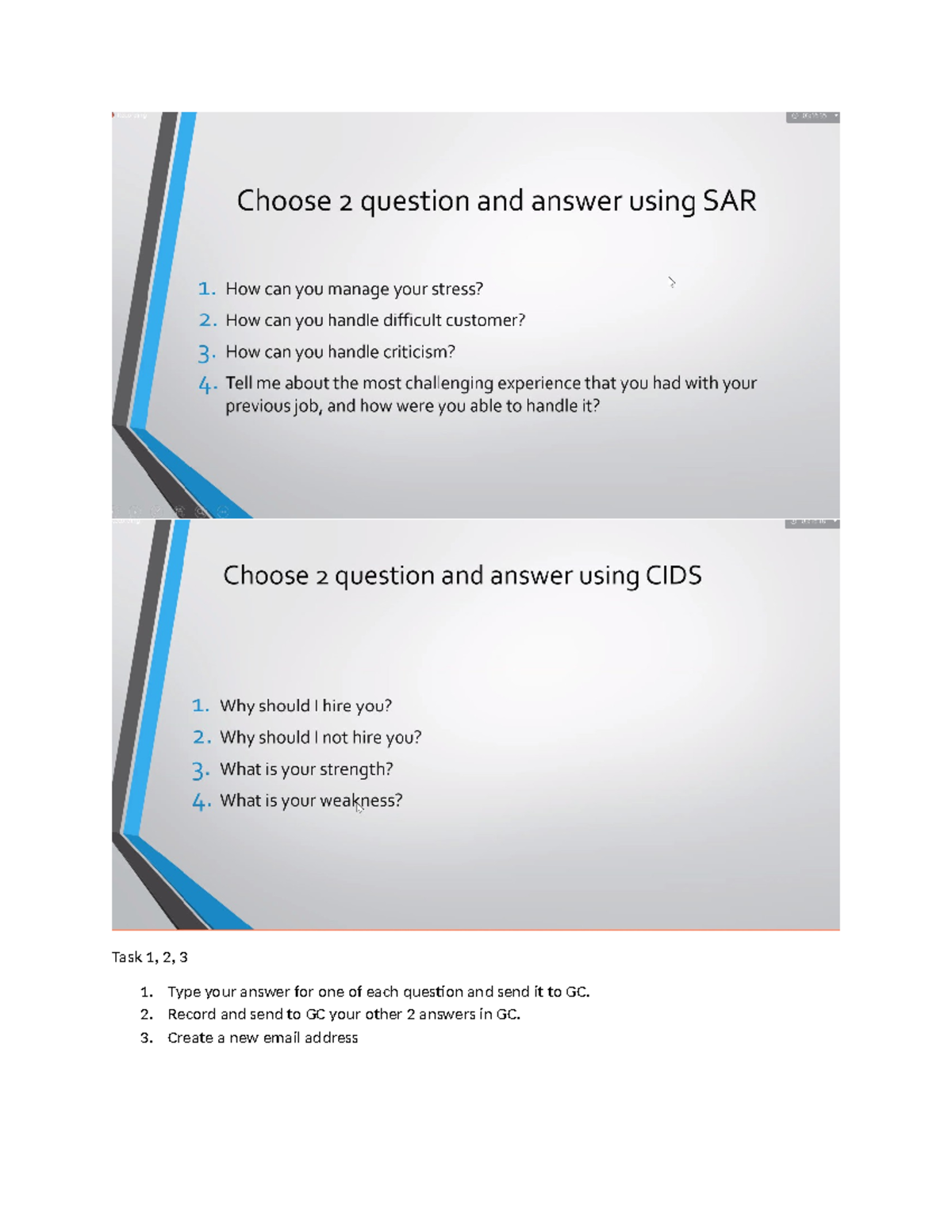 Day 1 Activity - Task 1, 2, 3 1. Type your answer for one of each ...