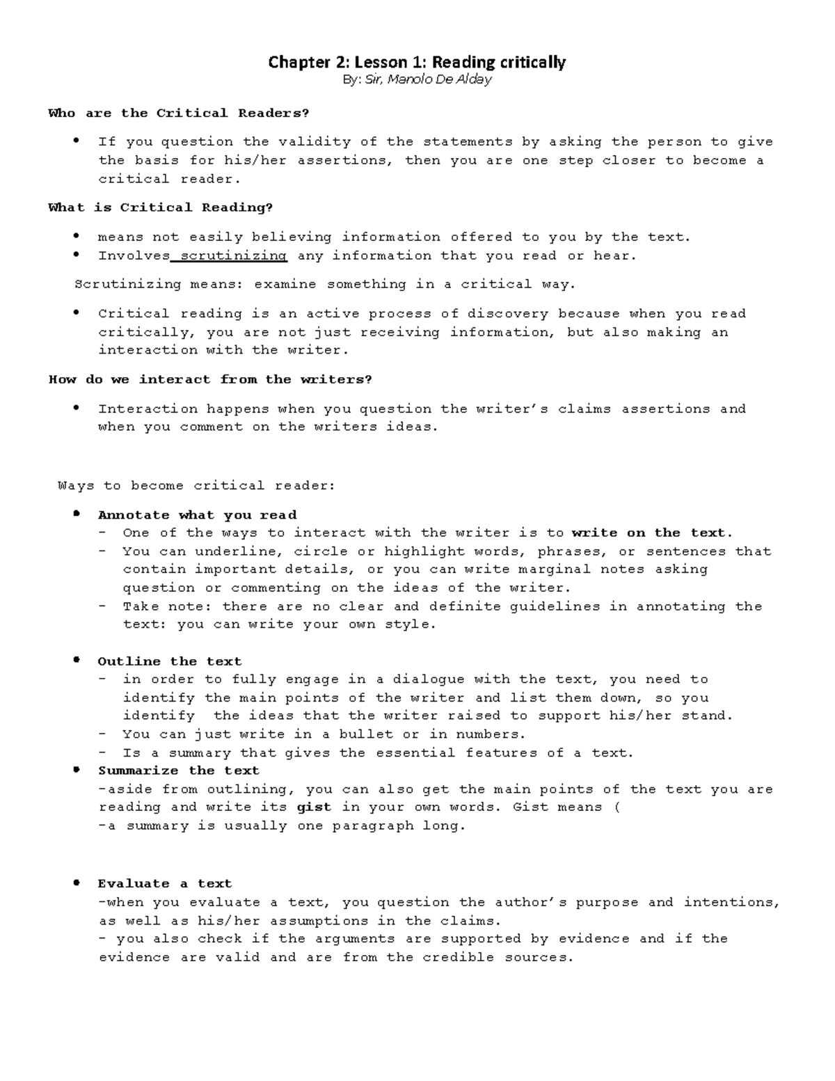 Chapter 2 L1 ; Reading Critically - Chapter 2: Lesson 1: Reading ...