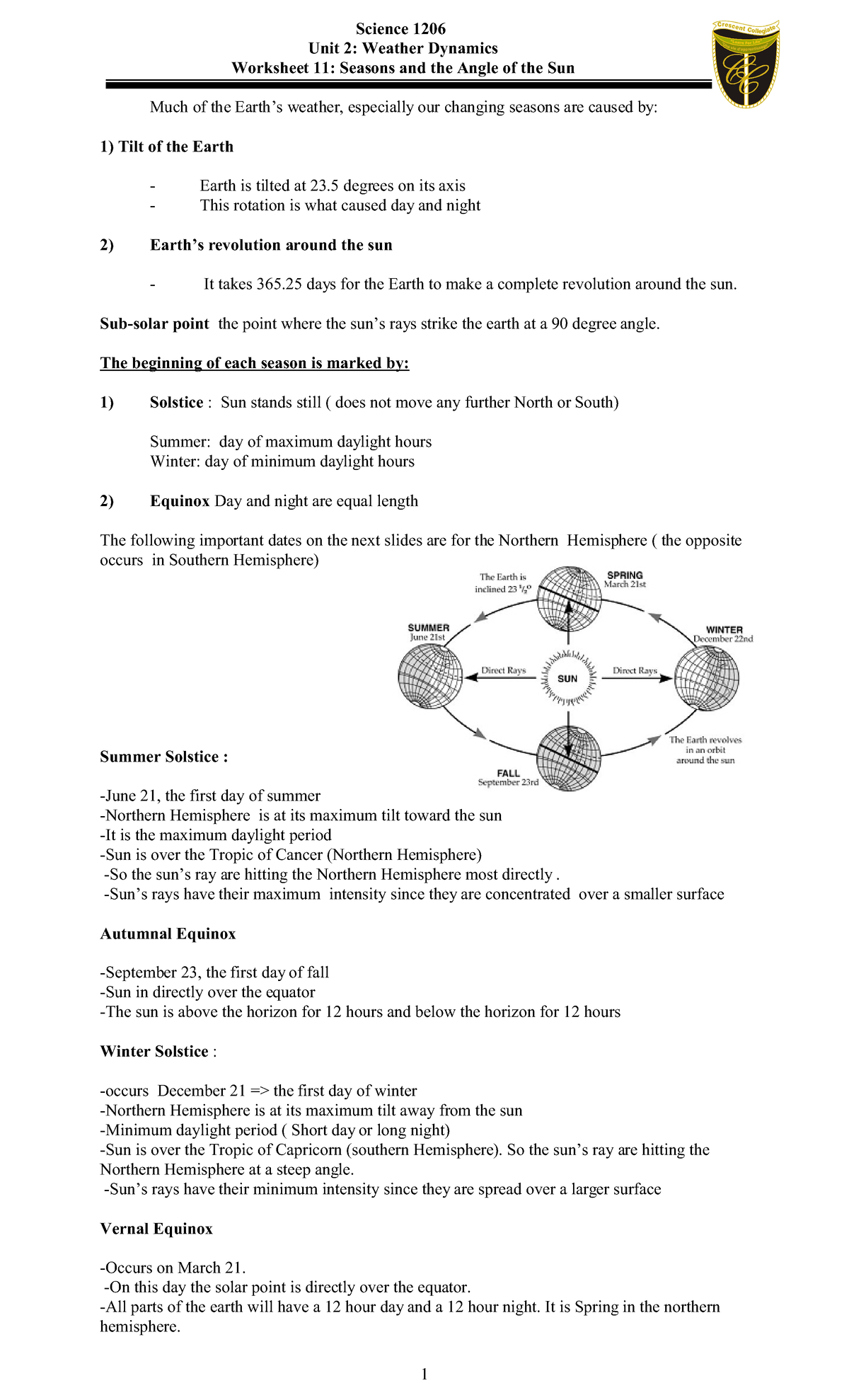Seasons Review Sheet - Science 1206 Unit 2: Weather Dynamics Worksheet ...