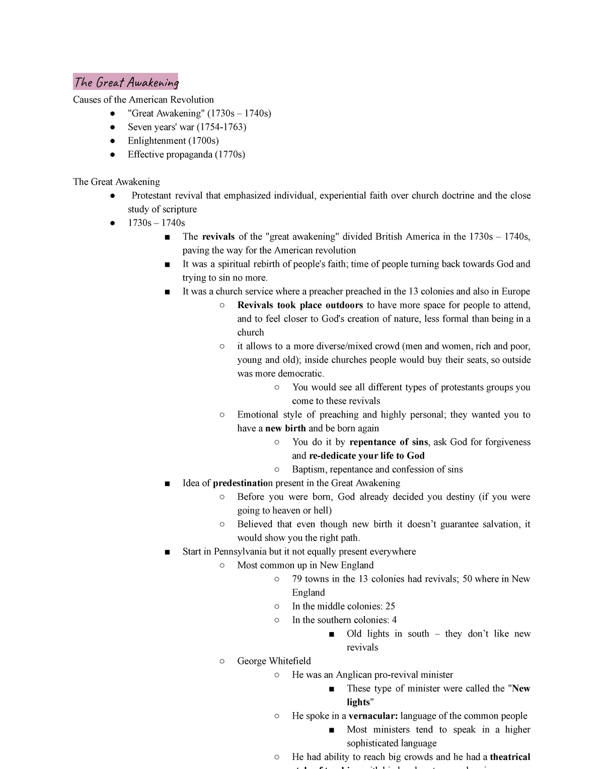 History 1310 Notes from the great awakening to the civil war - The ...